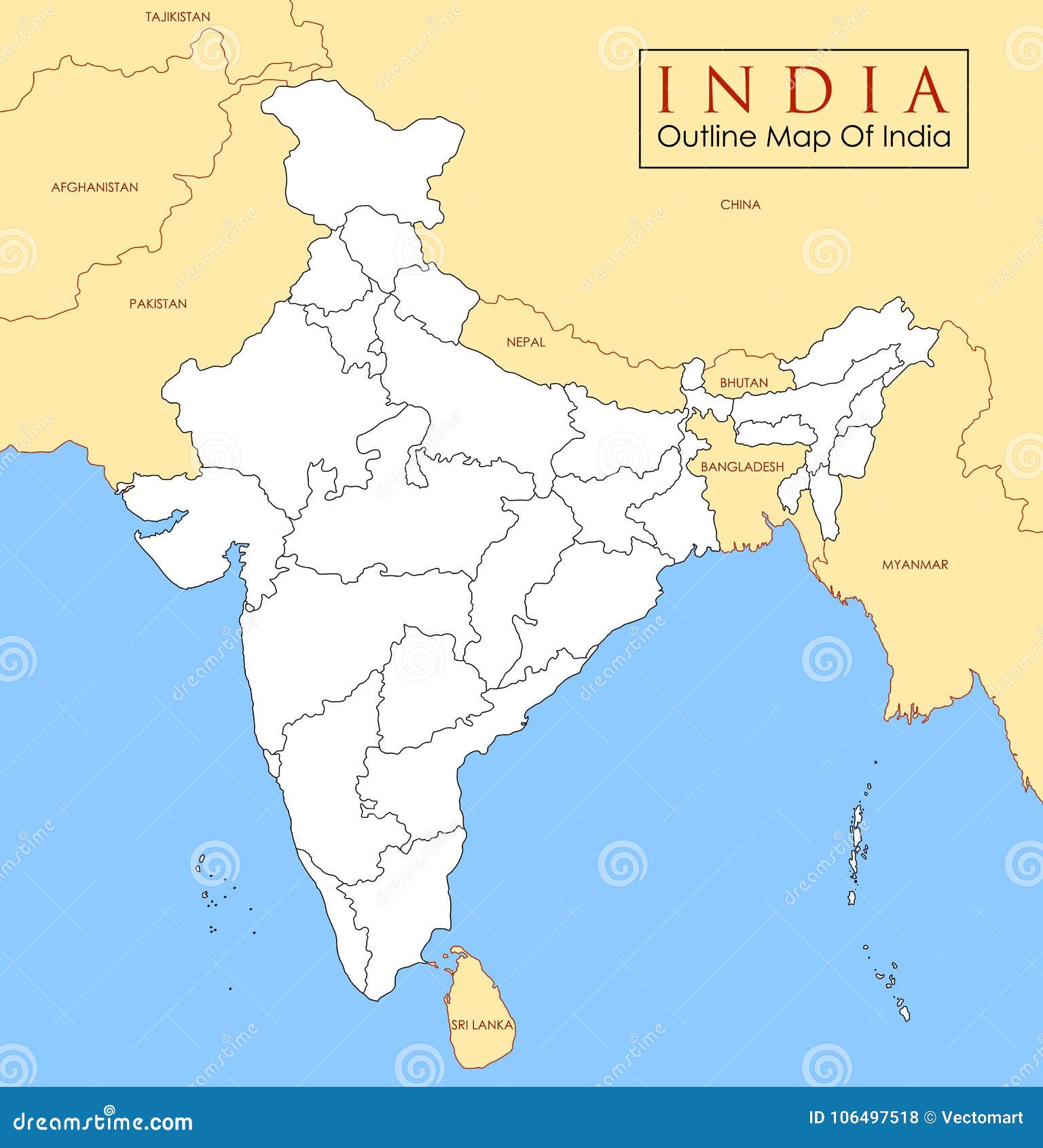 Detailed Map of India, Asia with All States and Country Boundary Vektor ...