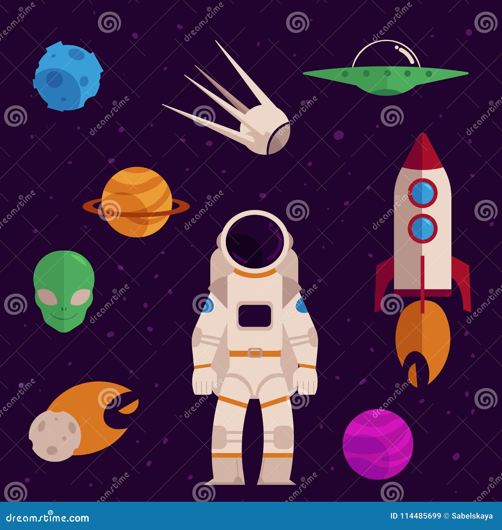 Vector Flat Space, Cosmos Objects Icon Set 向量例证 - 插画 包括有 火箭, 美妙: 114485699