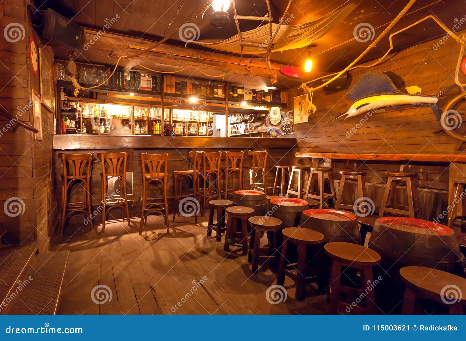 Interior of Retro Style Bar with Old Wooden Furniture, Pirate Themes ...