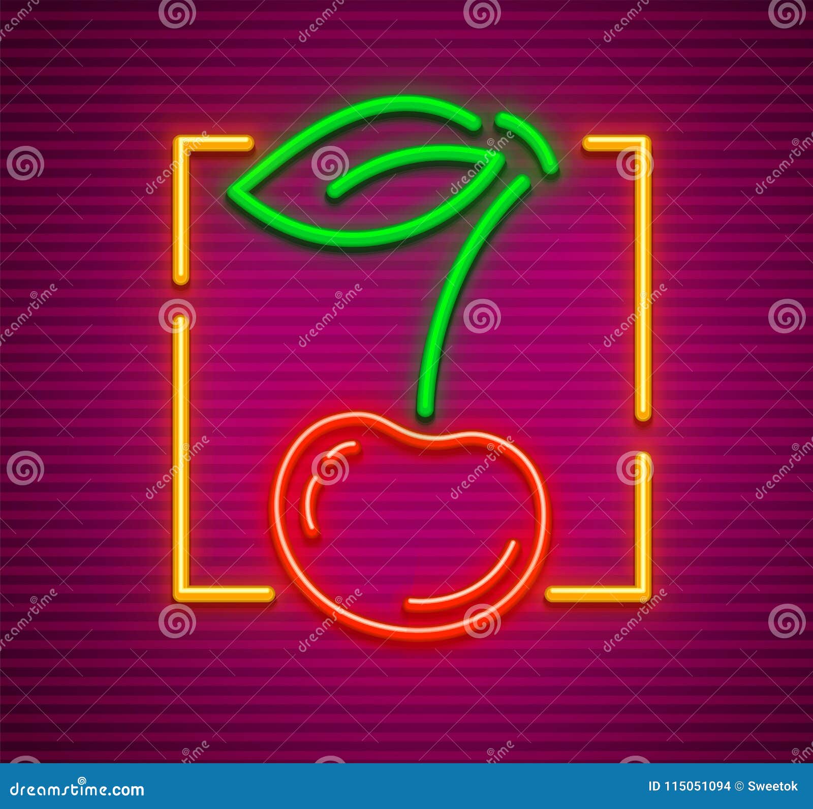 Cherry Neon Sign with Berry and Green Leaf Иллюстрация вектора ...