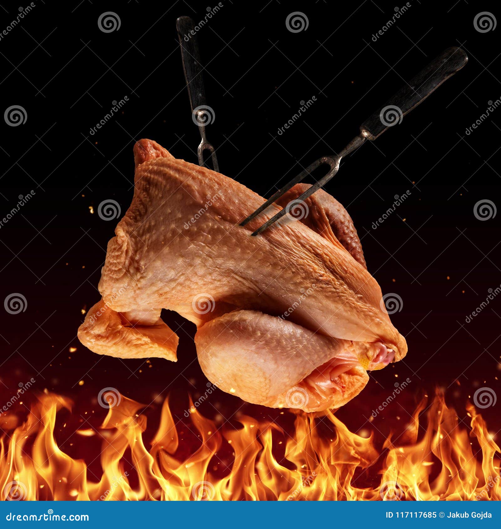 Flying Whole Raw Chicken Above Grill Flames Stock Afbeelding - Image of ...