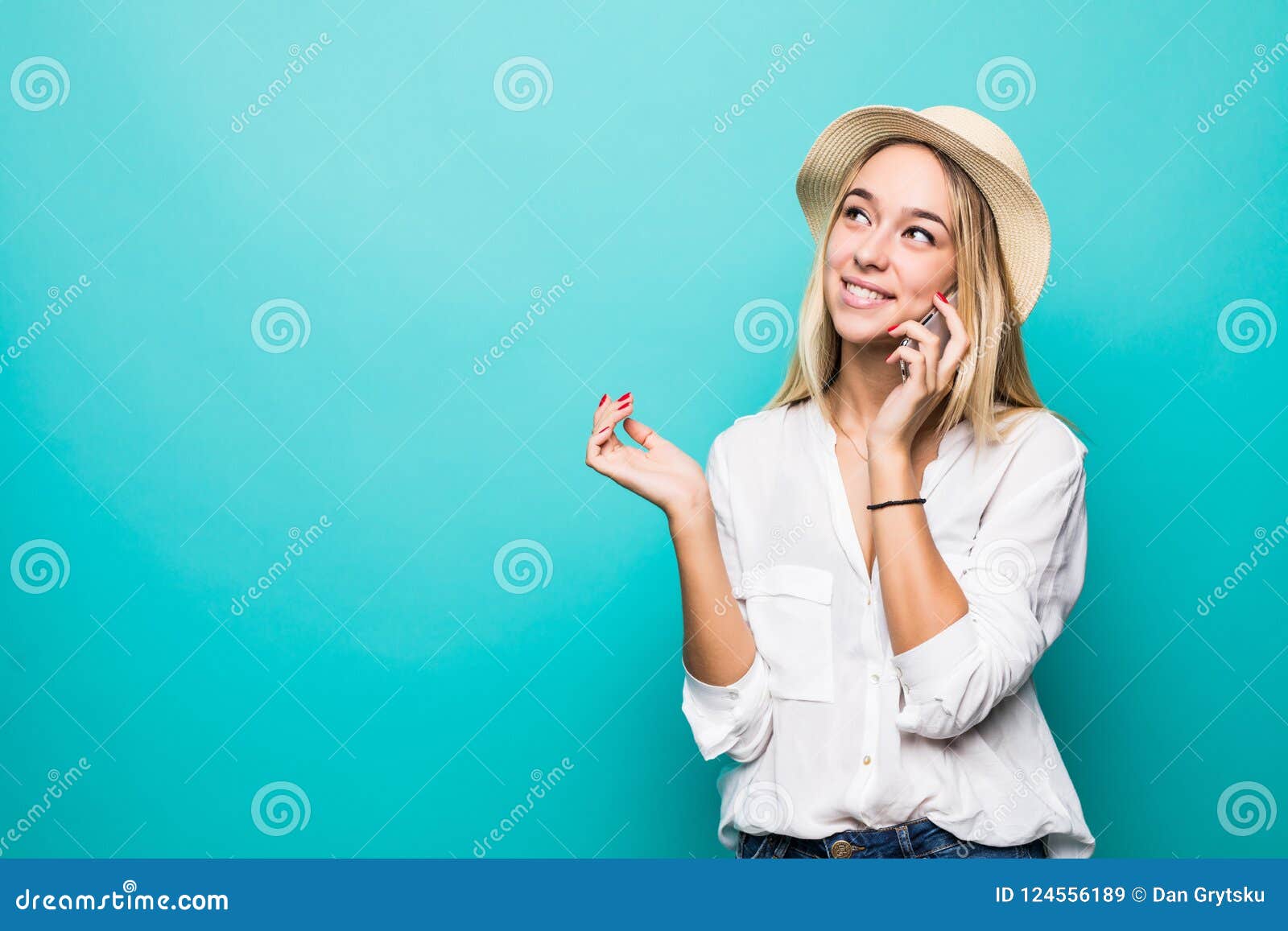 Portrait of a Cute Happy Girl Talking on Mobile Phone and Smile ...