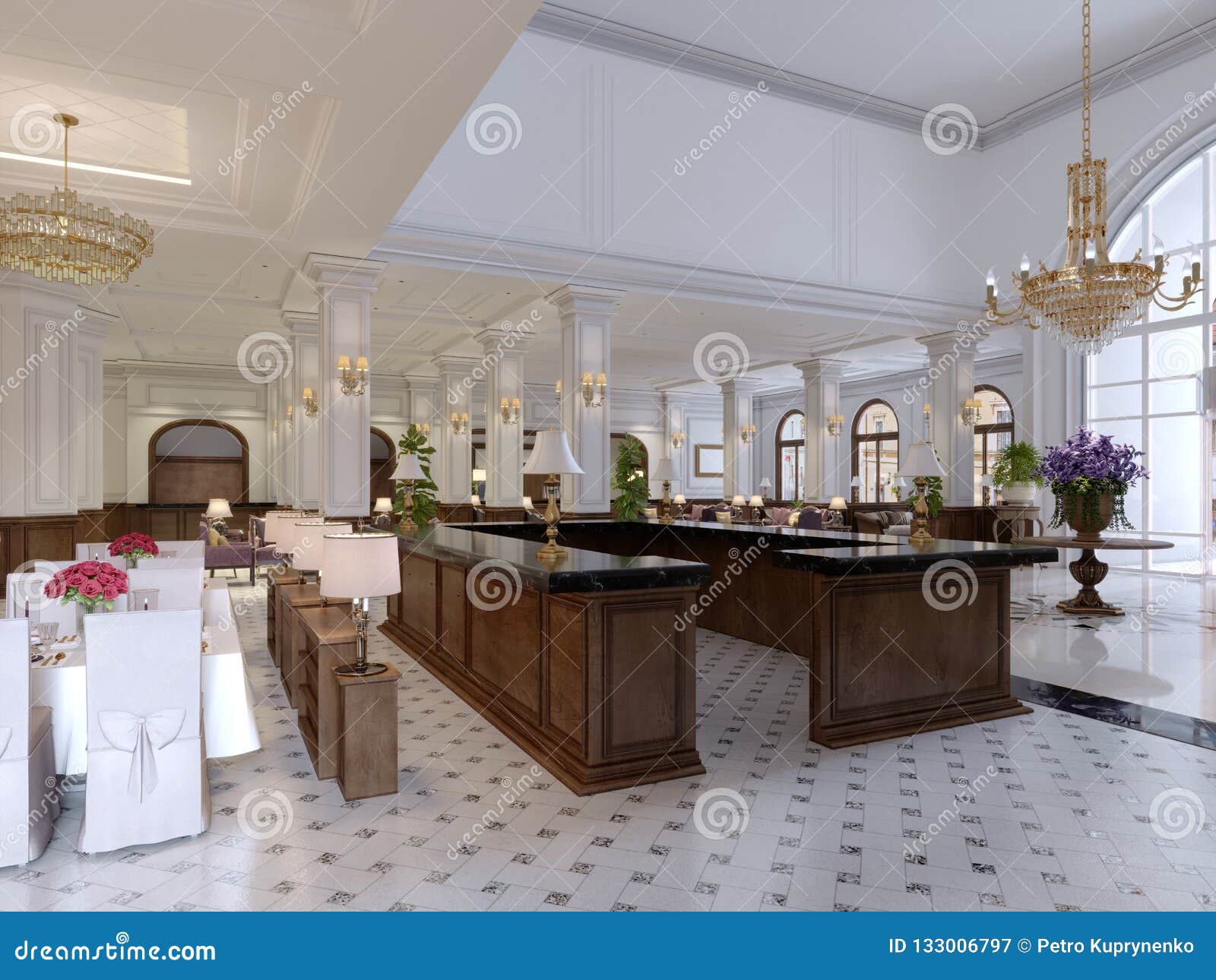 Beautiful Wooden Reception in the Center of the Spacious Lobby in the ...