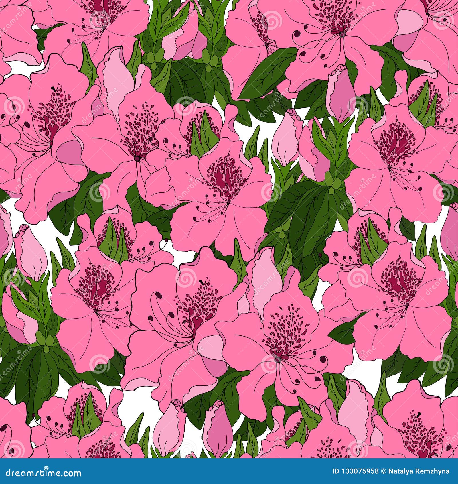 Seamless Pattern with Exotic Pink Azalea Flowers Illustrazione ...