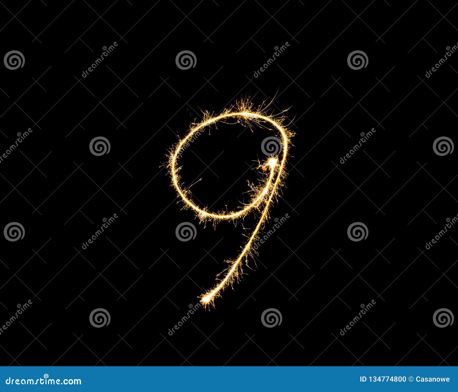 Numbers 9 or Nine Sparkler Firework Light Isolated on Black Background ...