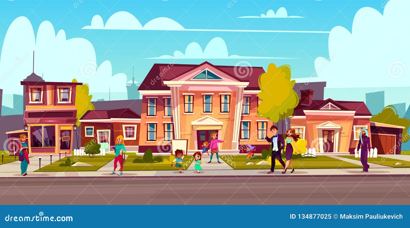 Vector Cartoon Street Sidewalk, People on it. Vektor Illustrationer ...