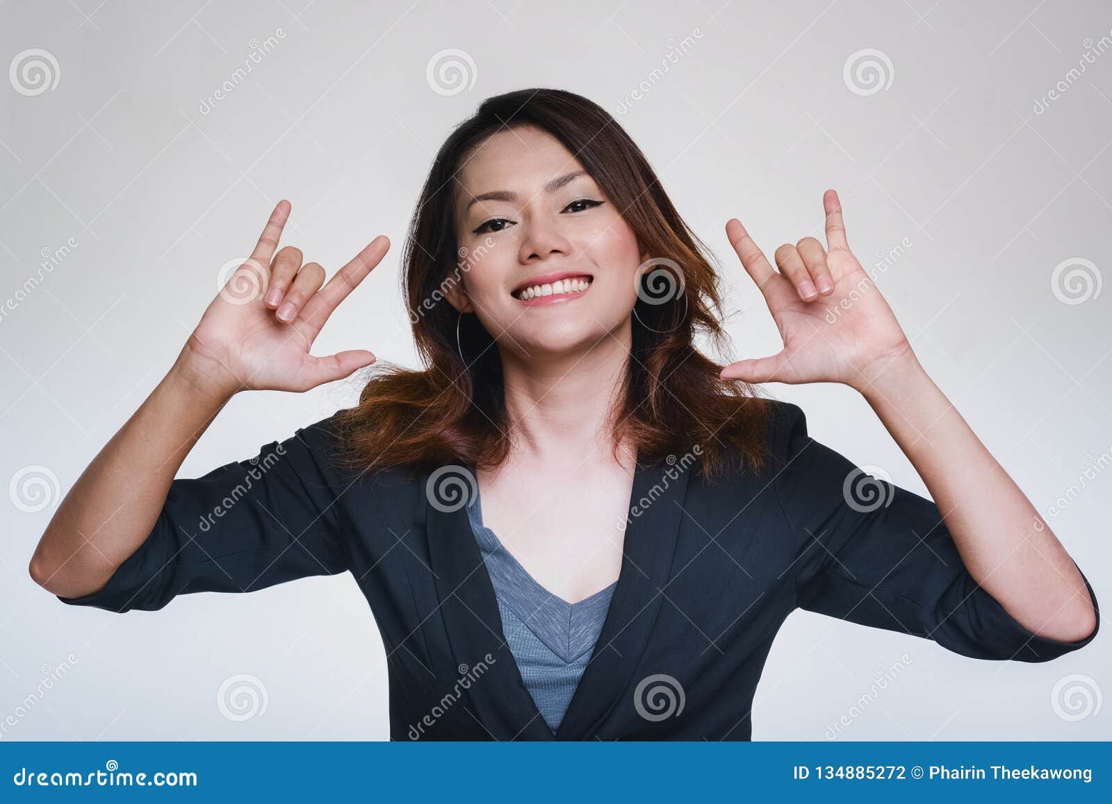 Asian Business Woman Hand Raised Hands Showing 库存照片 - 图片 包括有 问候, 人们 ...