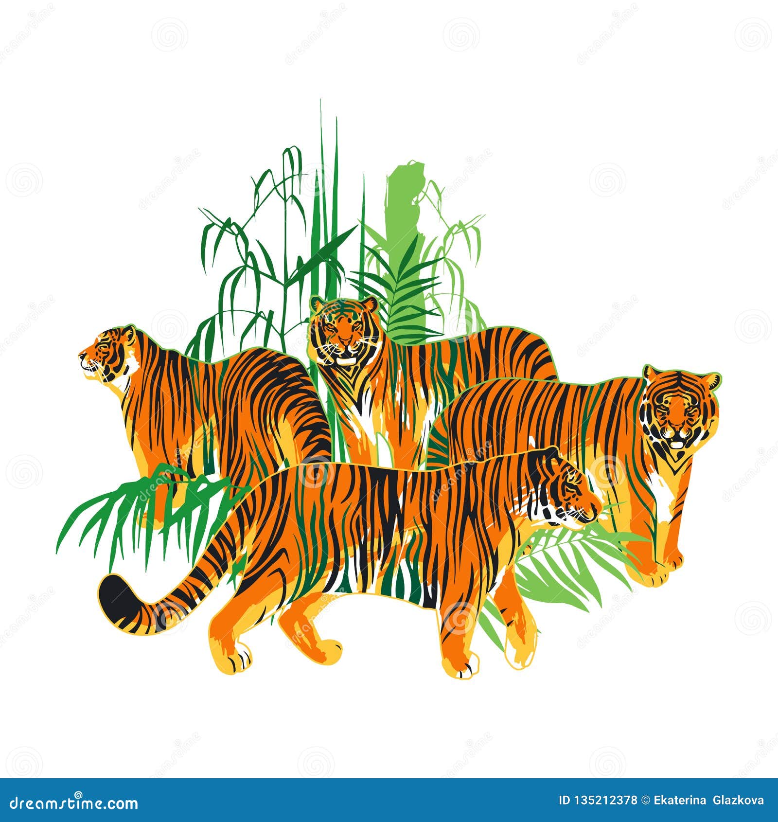 Four Graphic Tigers Standing and Walking among the Exotic Leaves and ...