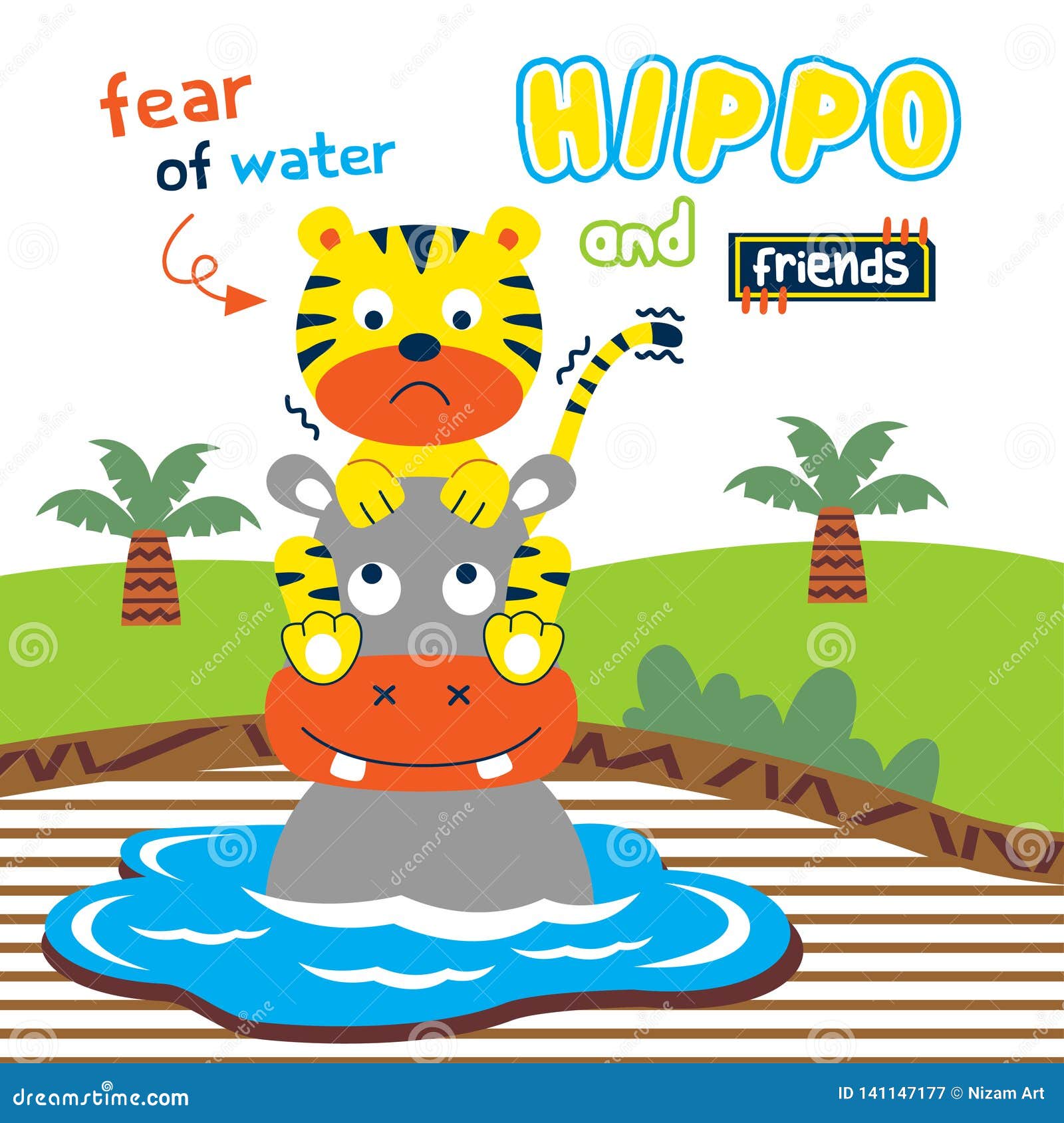Hippo and Tiger Playing Together Funny Cartoon,vector Illustration ...