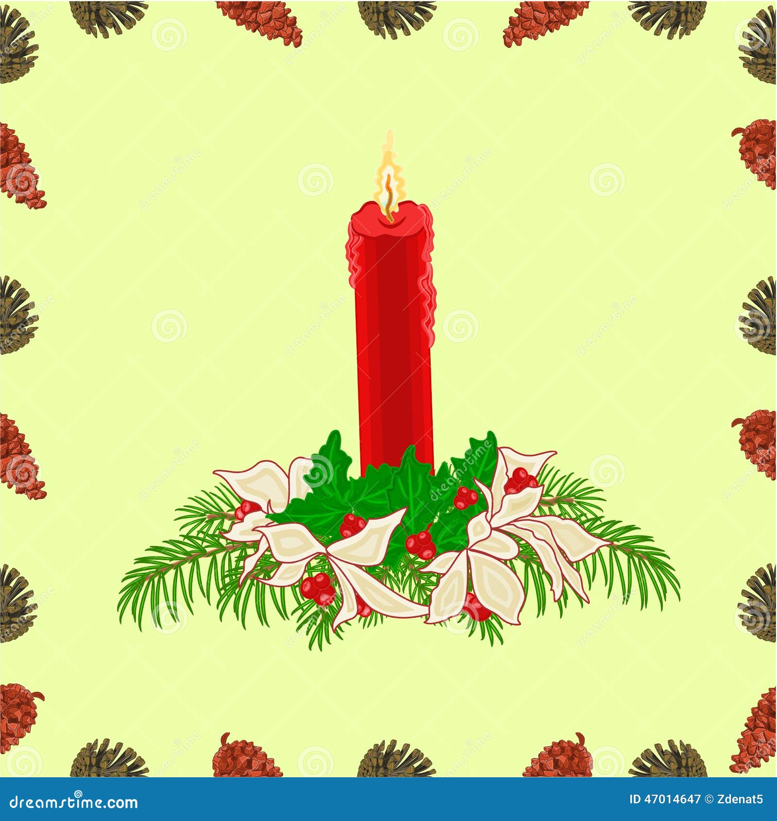 Seamless Texture Christmas Red Candle with Pine Cones Vector Vector ...