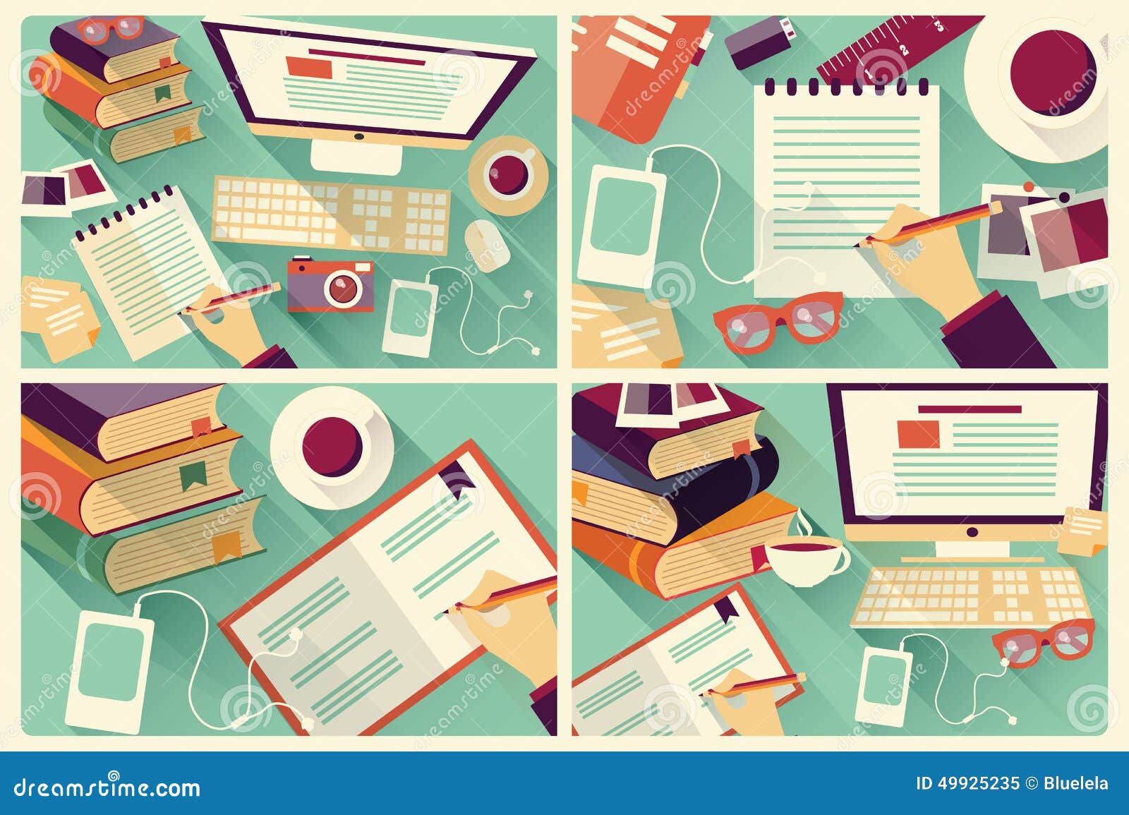 Collection of Four Flat Design Work Desks, Stationery 向量例证 - 插画 包括有 平面 ...