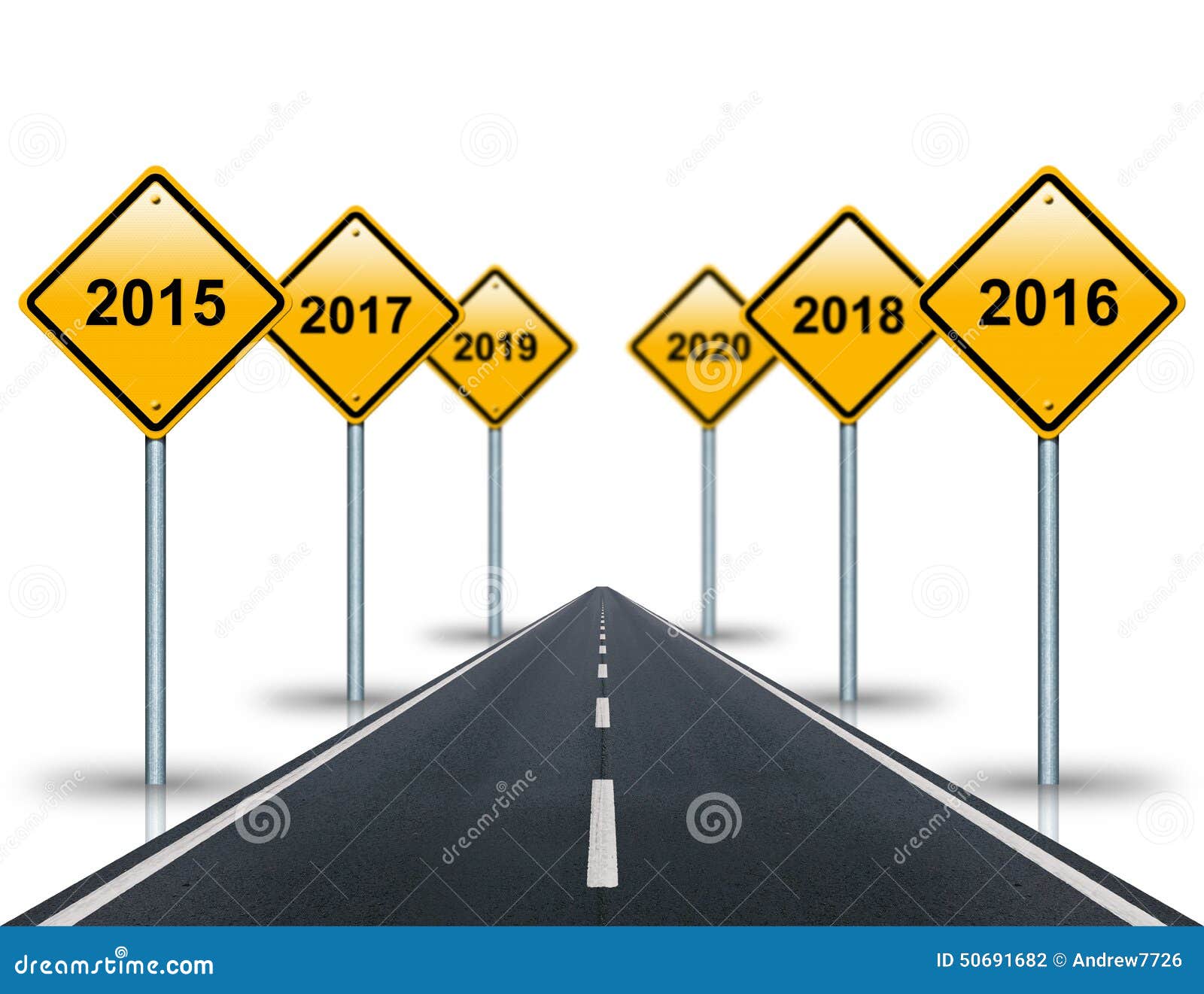 Years Ahead Road Signs and Road Stretches into the Distance. Stock de ...
