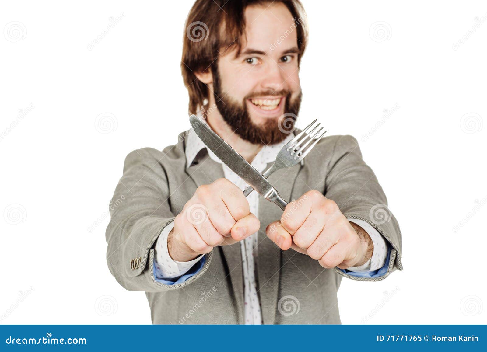 Beard Man Holding Cutlery Fork and Knife on Hand. Fotografering för ...