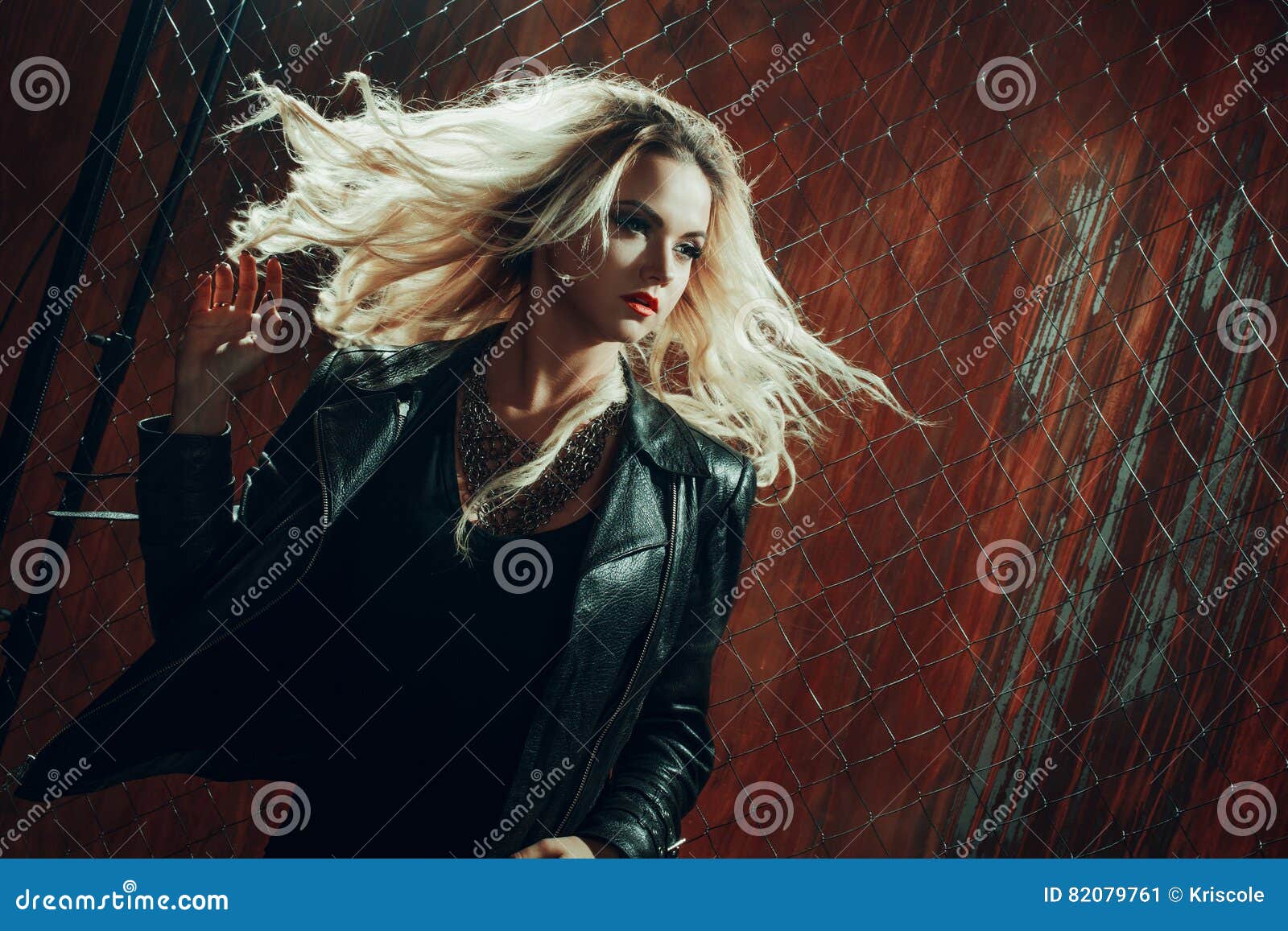 Rock`n`roll Girl, Young Beautiful Woman Dances in Dark Alley, Against ...