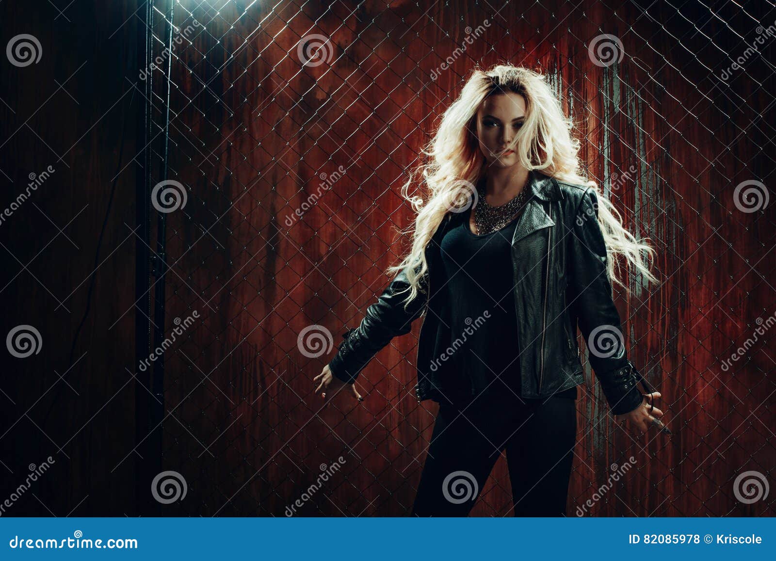 Rock`n`roll Girl, Young Beautiful Woman Dances in Dark Alley, Against ...