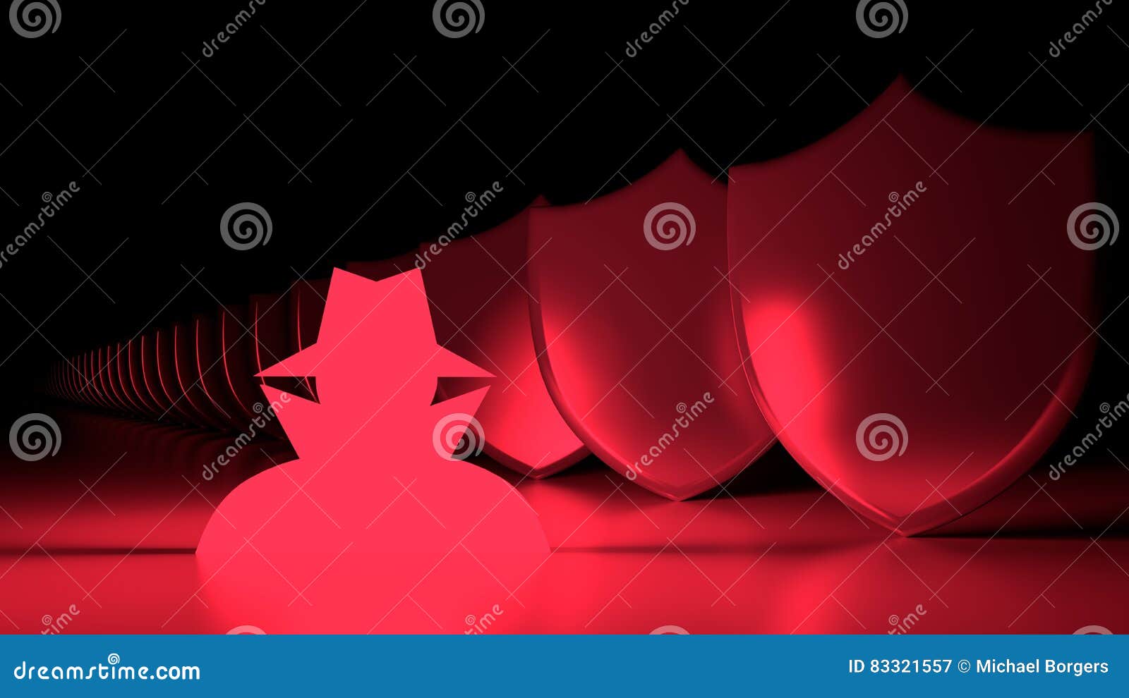 Glowing Red Hacker Symbol Next To a Row of Metal Shields Ilustração ...