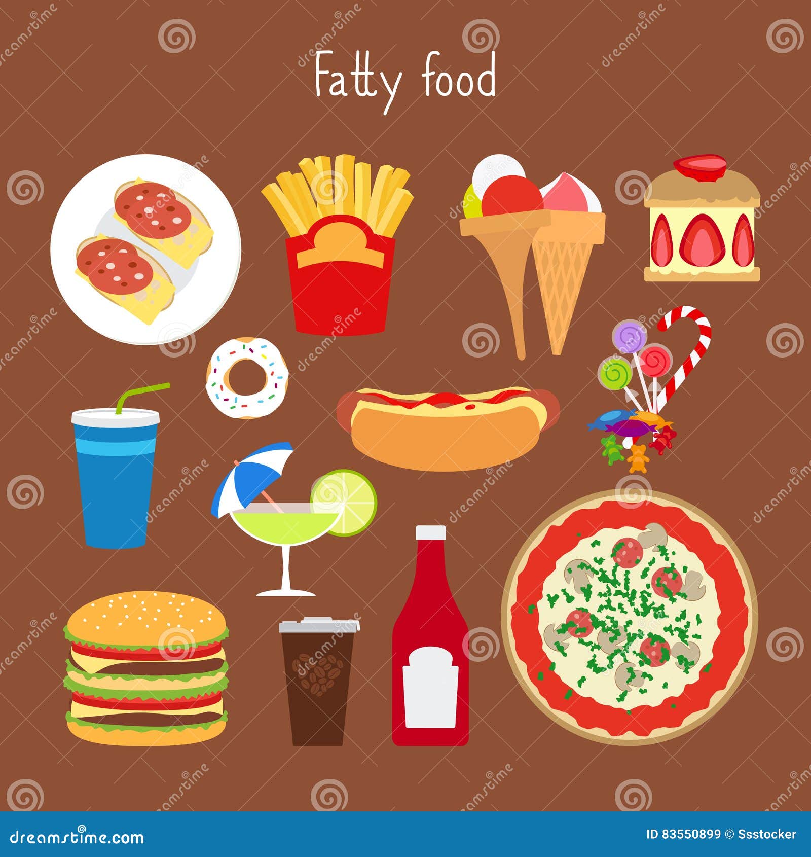 Fatty food icons ilustração do vetor. Ilustração de americano - 83550899