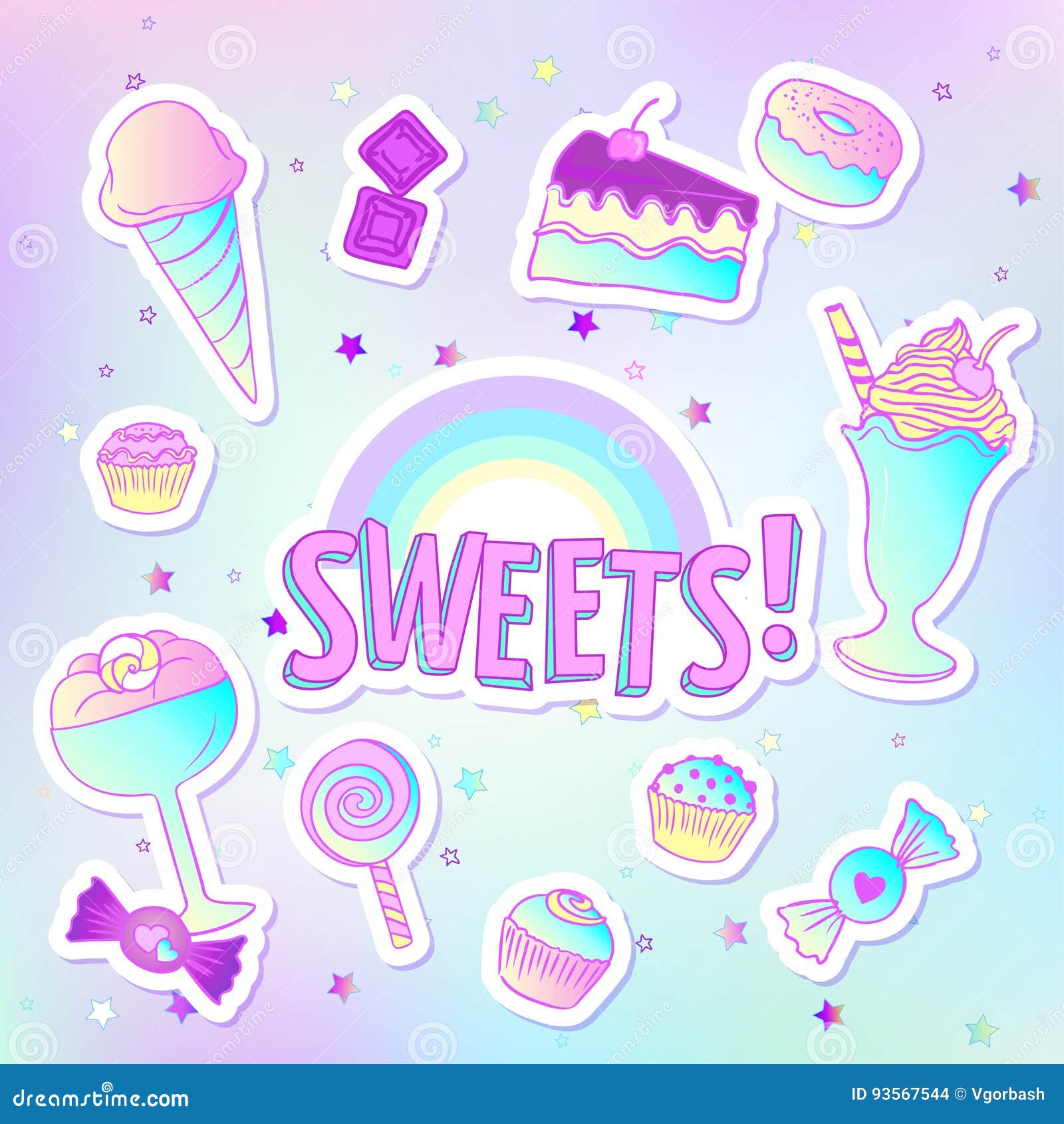 Bright Colorful Bakery and Dessert Pastry Cute Icons of Candies and ...