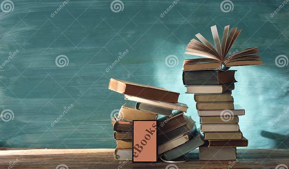 E Book Concept with Stack of Books and E Book Reader on Teal Background ...