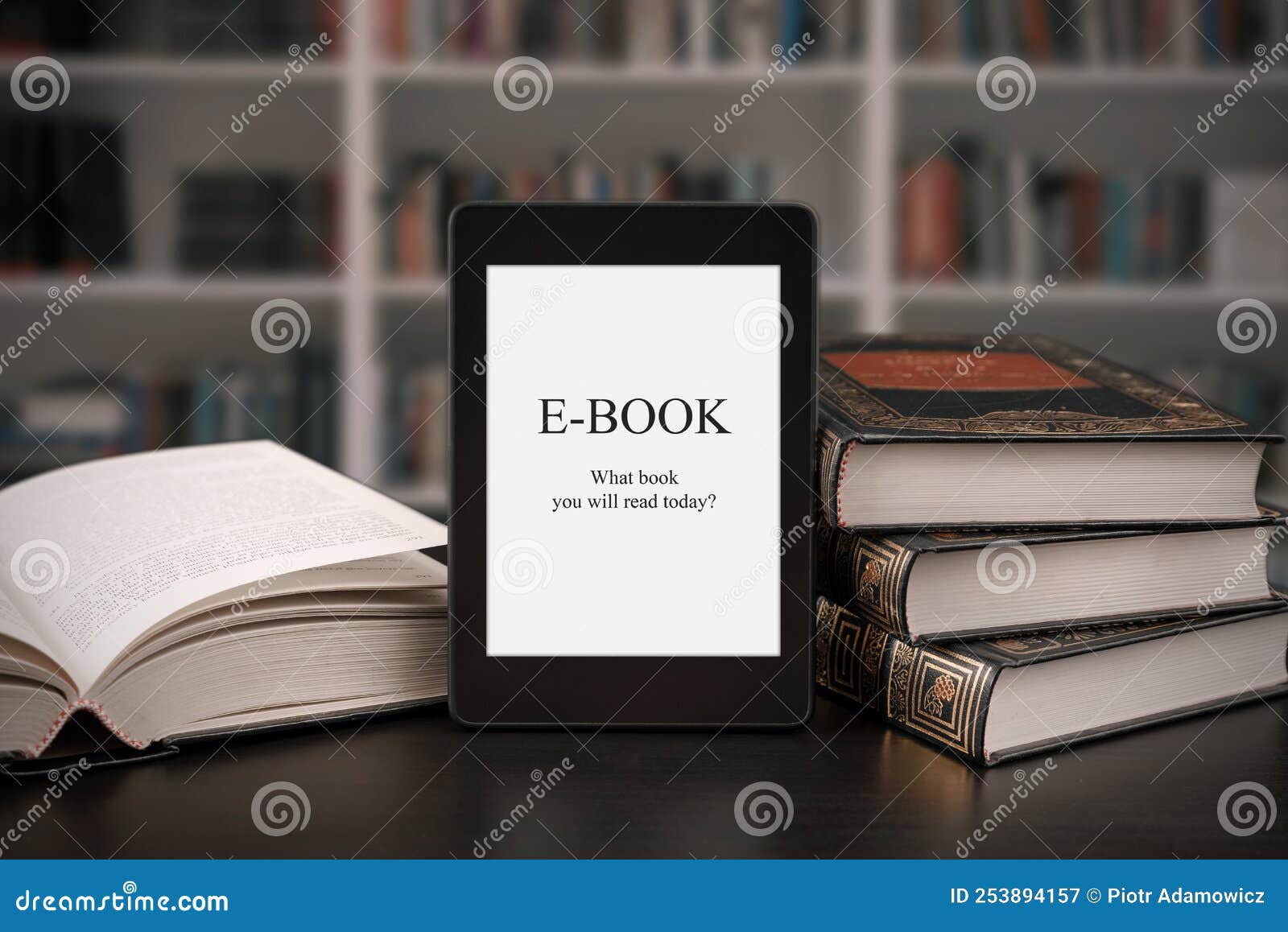 E-book Device and Books in Library Stock Image - Image of book, desk ...