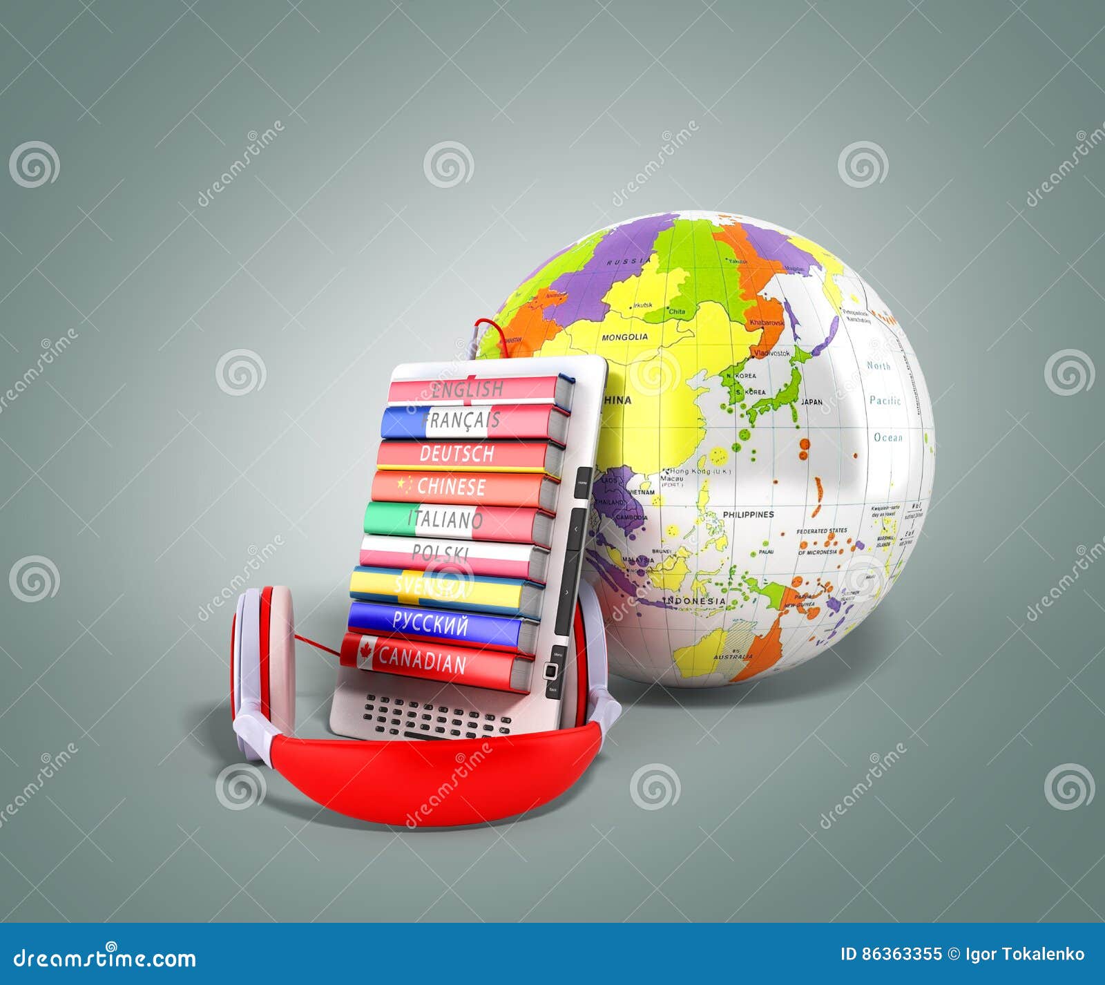 E-book with Globe Audio Learning Languages 3d Render on Grey Stock ...