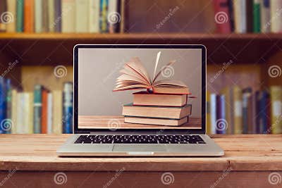 E-book Library Concept with Laptop Computer and Stack of Books Stock ...