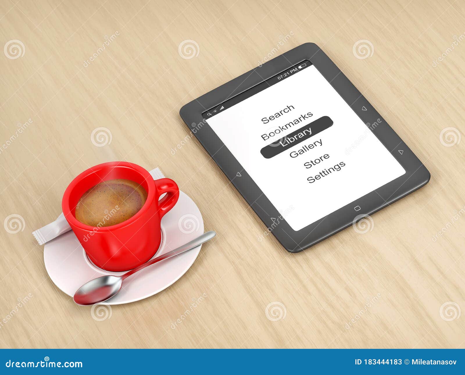 E-book reader and coffee stock illustration. Illustration of black ...