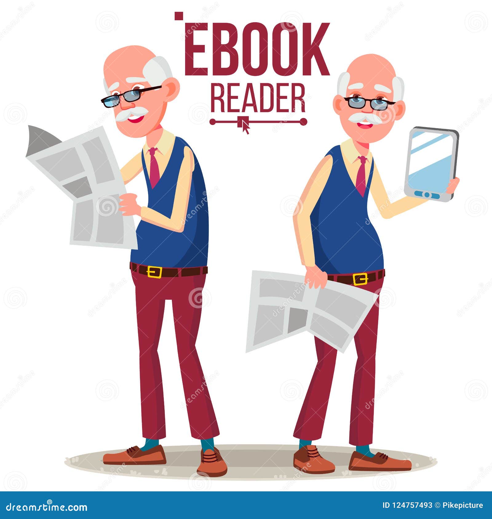 E-Book Reader Vector. Old Man. Paper Book VS E-book. Isolated Flat ...