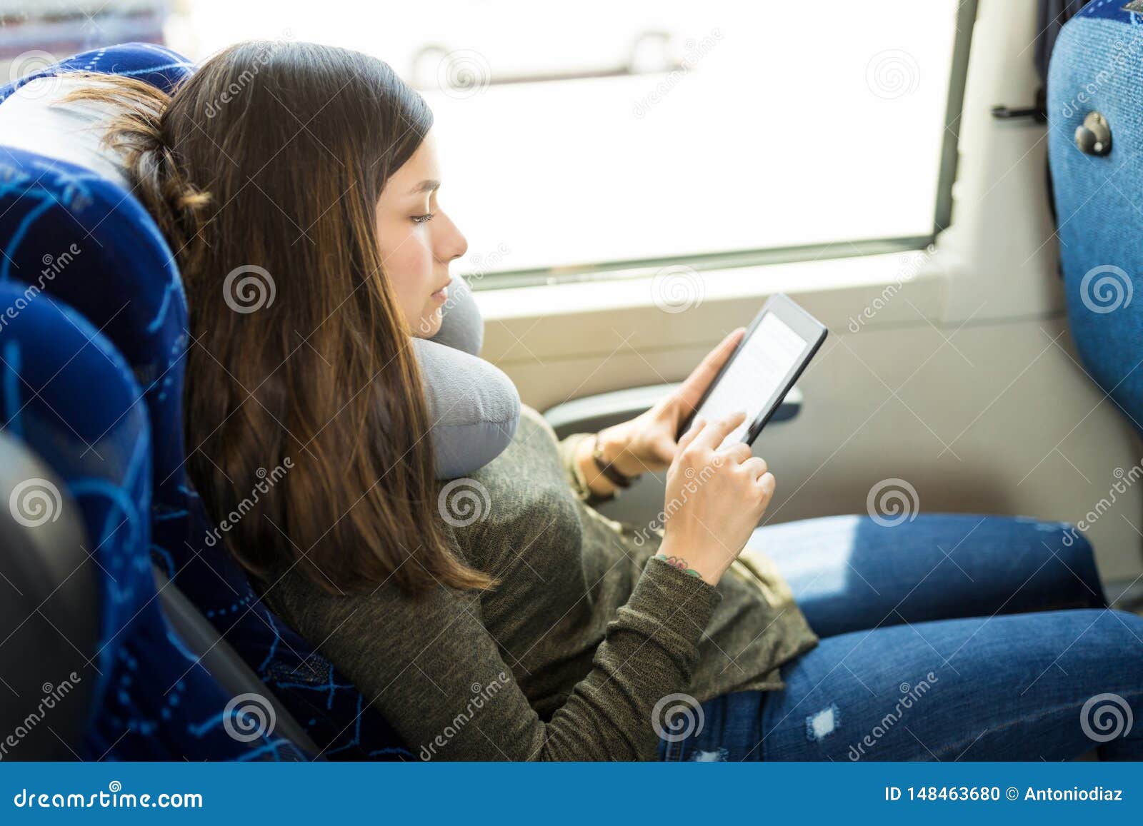 E-book Reading in Comfortable Bus Journey Stock Photo - Image of ...