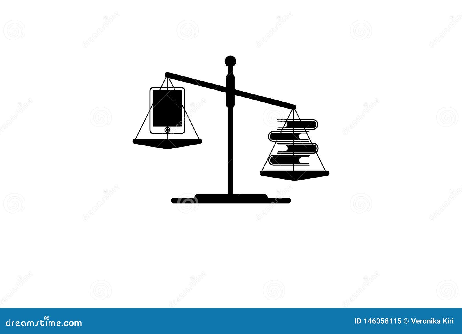 E-book And A Stack Of Paper Books On The Scales In Black Colors. Stock ...