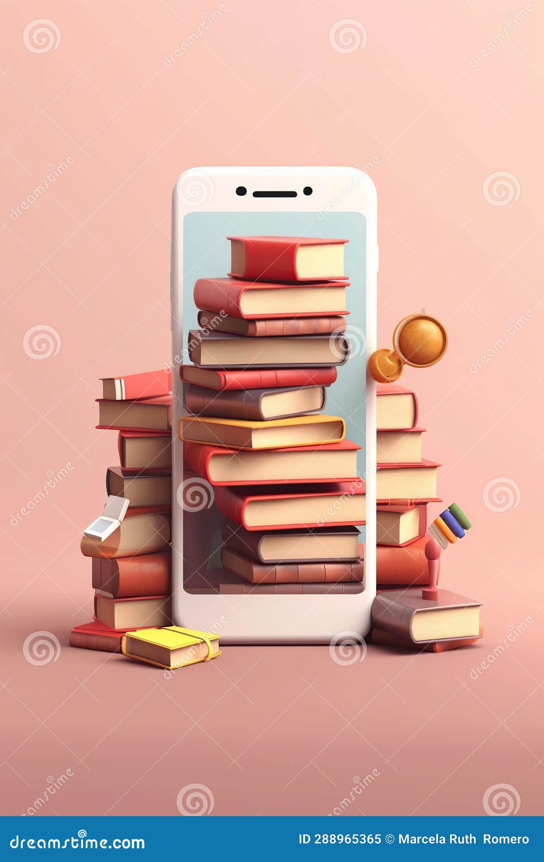 E Books in Phone, Online Library, 3D Render Style. AI Generated Stock ...