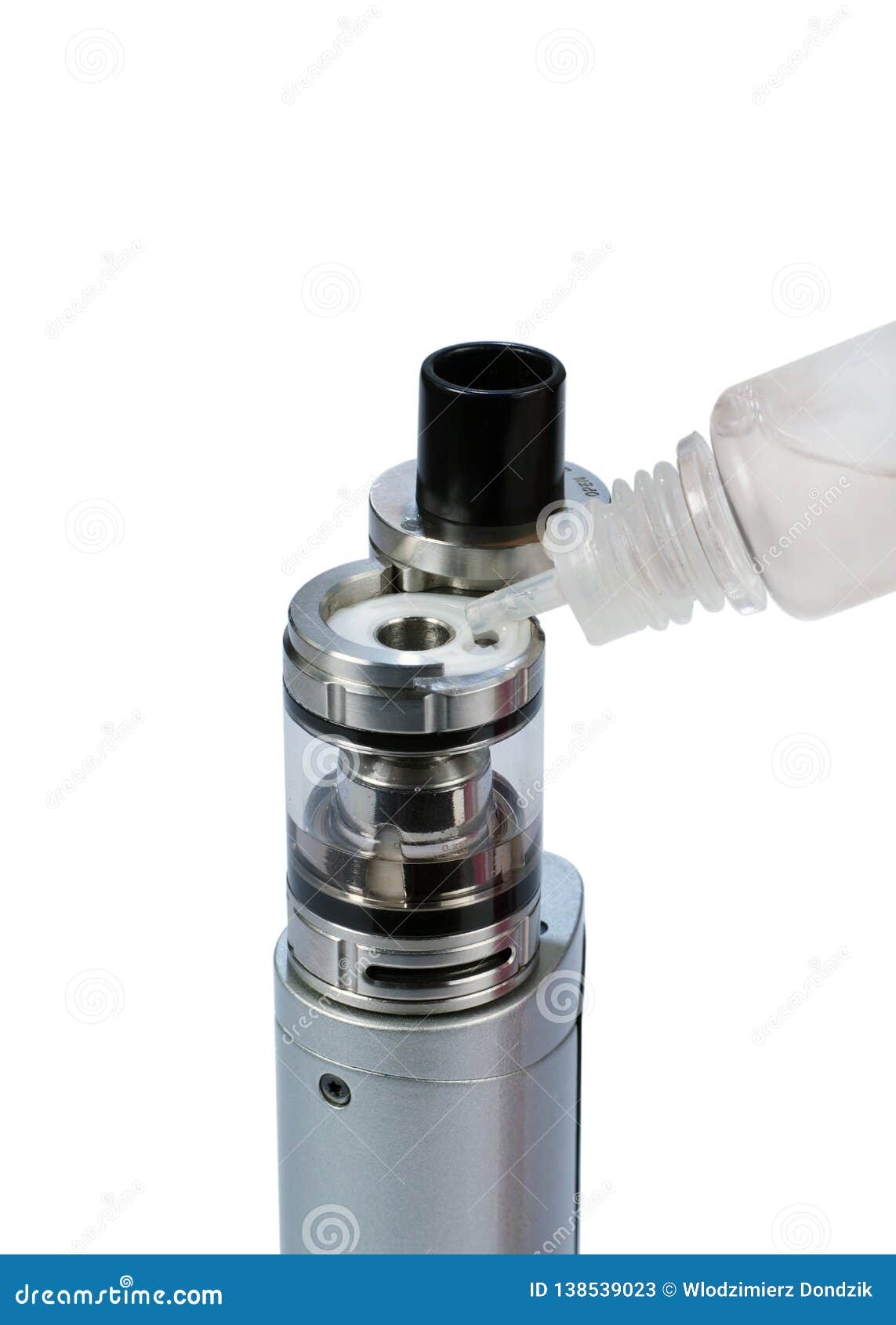 Filling of Atomizer Tank with E-liquid on White Background. E-cigarette ...
