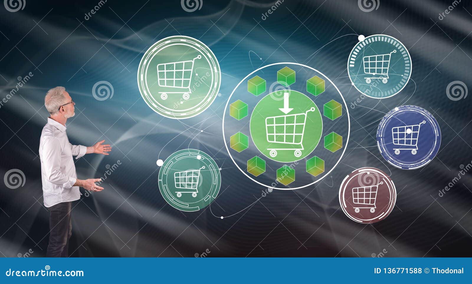 An E-commerce Concept Explained by a Businessman on a Wall Screen Stock ...