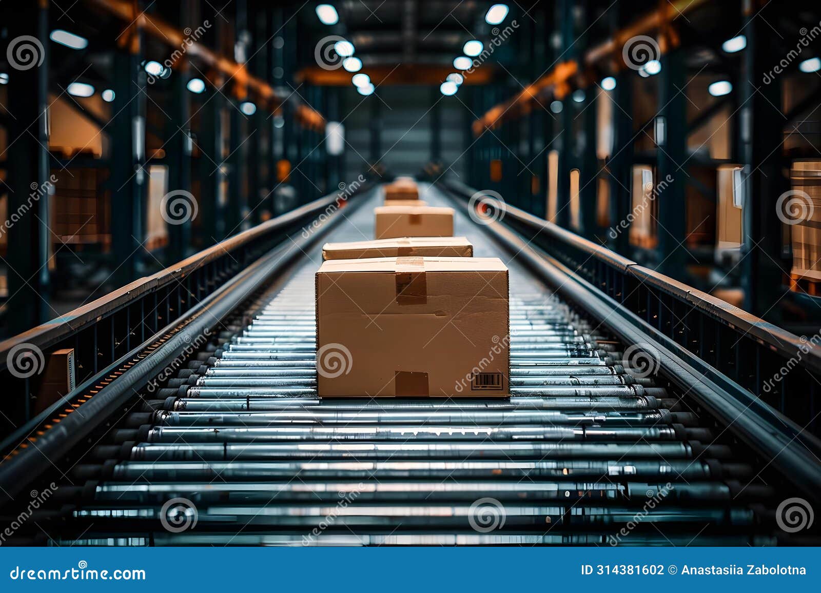 Warehouse With Packages, Rack Shelves And Robots Stock Illustration ...