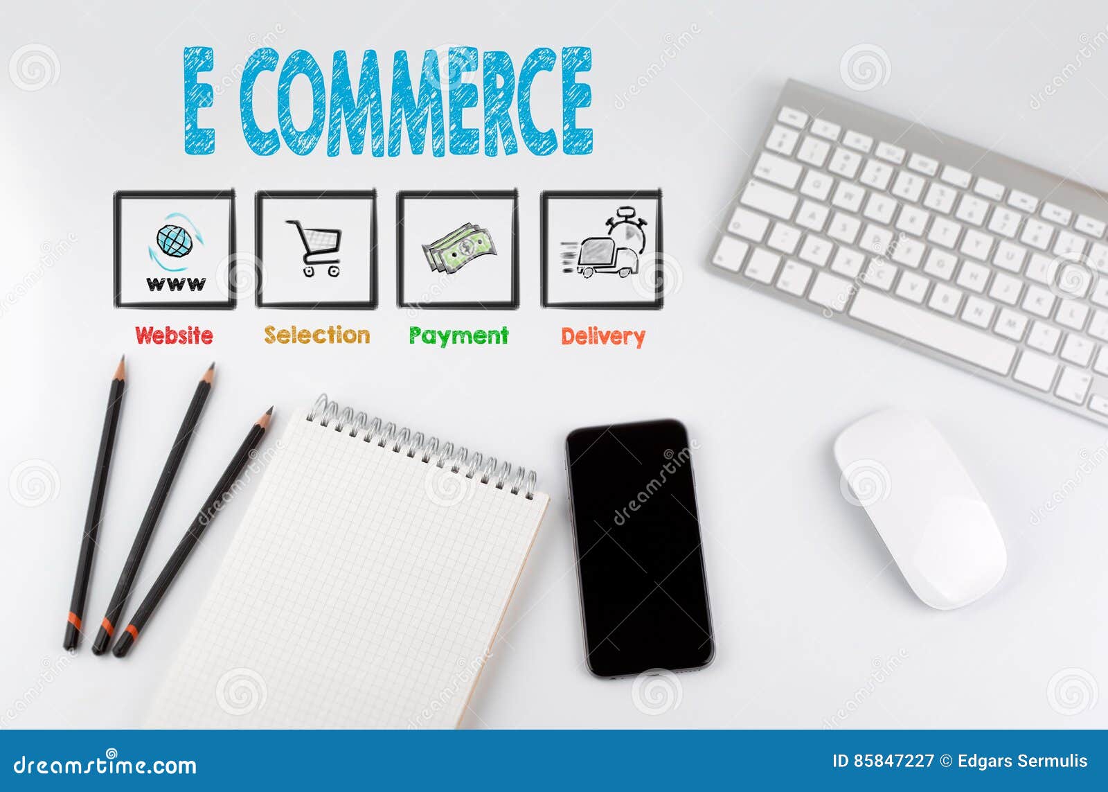 E Commerce. Office Desk Table with Computer, Smartphone, Note Pad ...