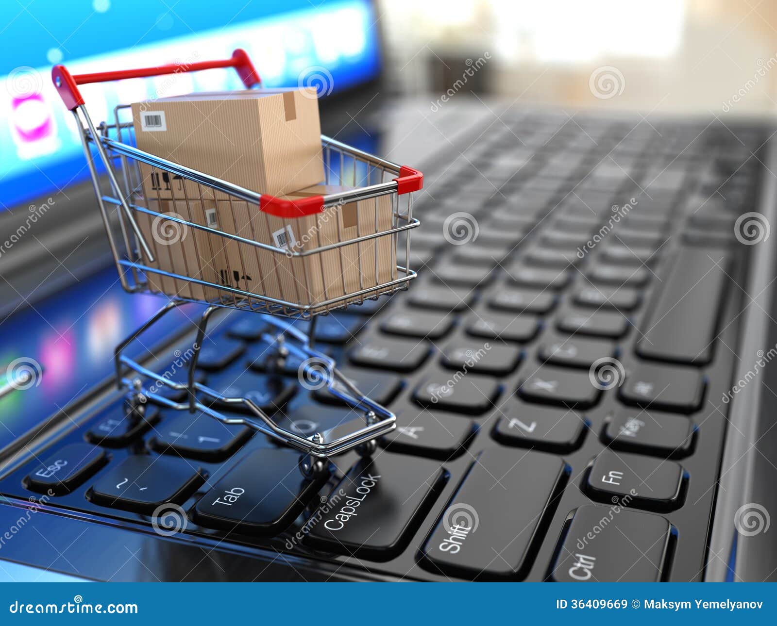 E-commerce. Shopping Cart with Cardboard Boxes on Laptop Stock ...