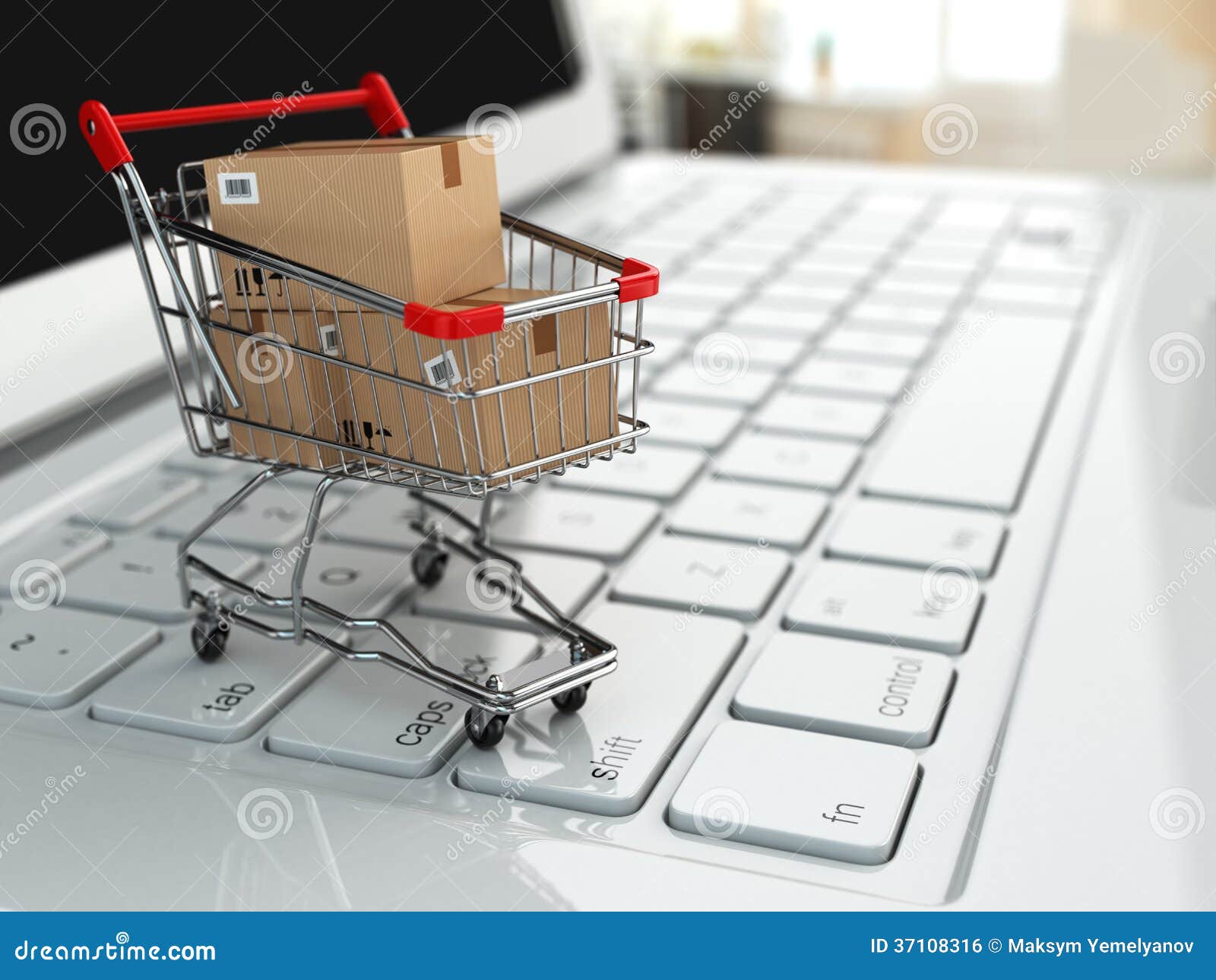 E-commerce. Shopping Cart with Cardboard Boxes on Laptop Stock ...