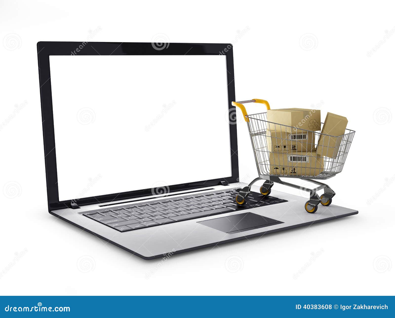 E-commerce. Shopping Cart with Cardboard Boxes on Laptop Stock Photo ...