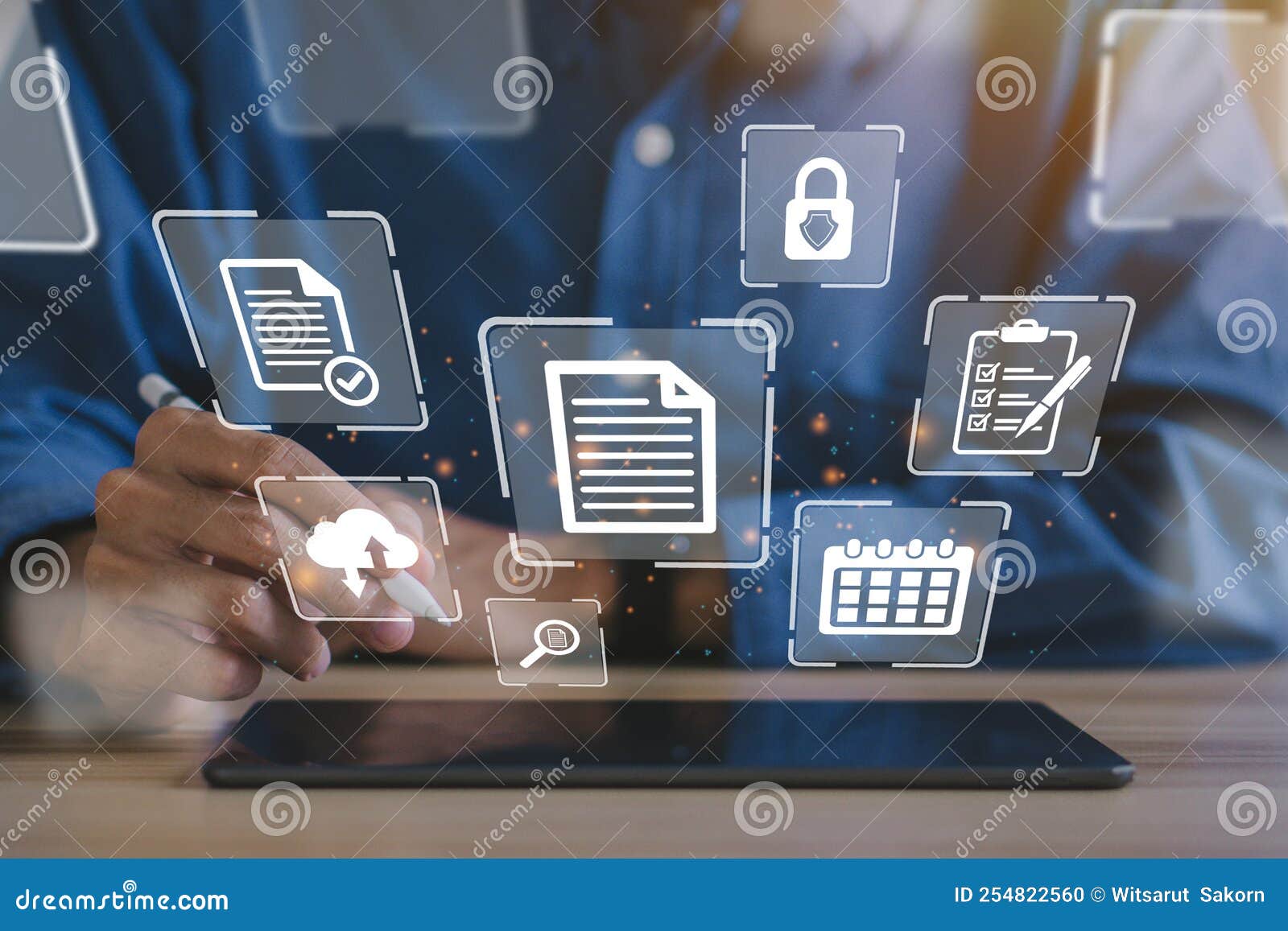 E-document Management Concept.Businessman Working on Taplet with Electronics Document Icons.ERP ...