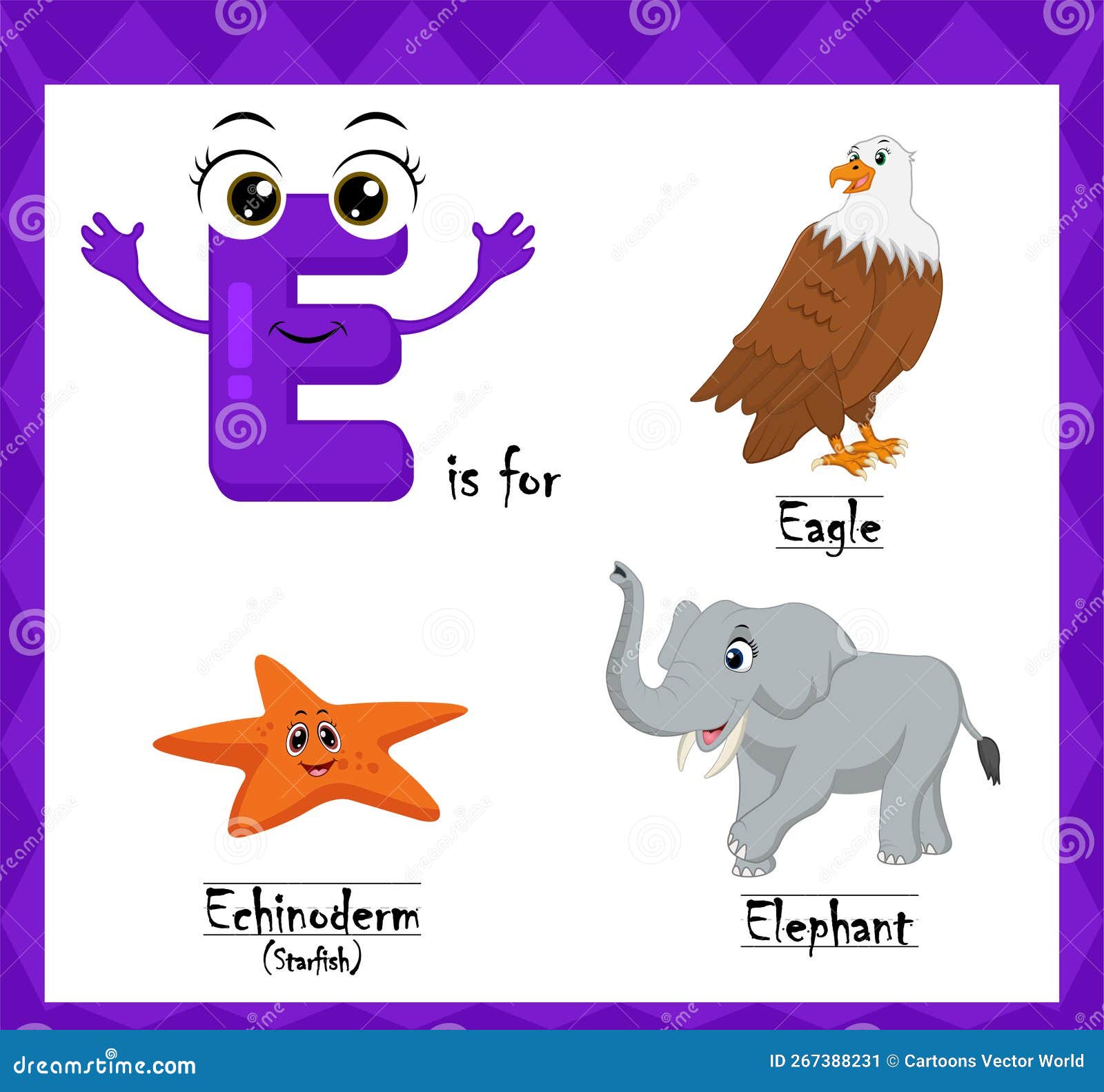 Letter E Vector, Alphabet E For Eagle, Echinoderms (starfish), Elephant ...