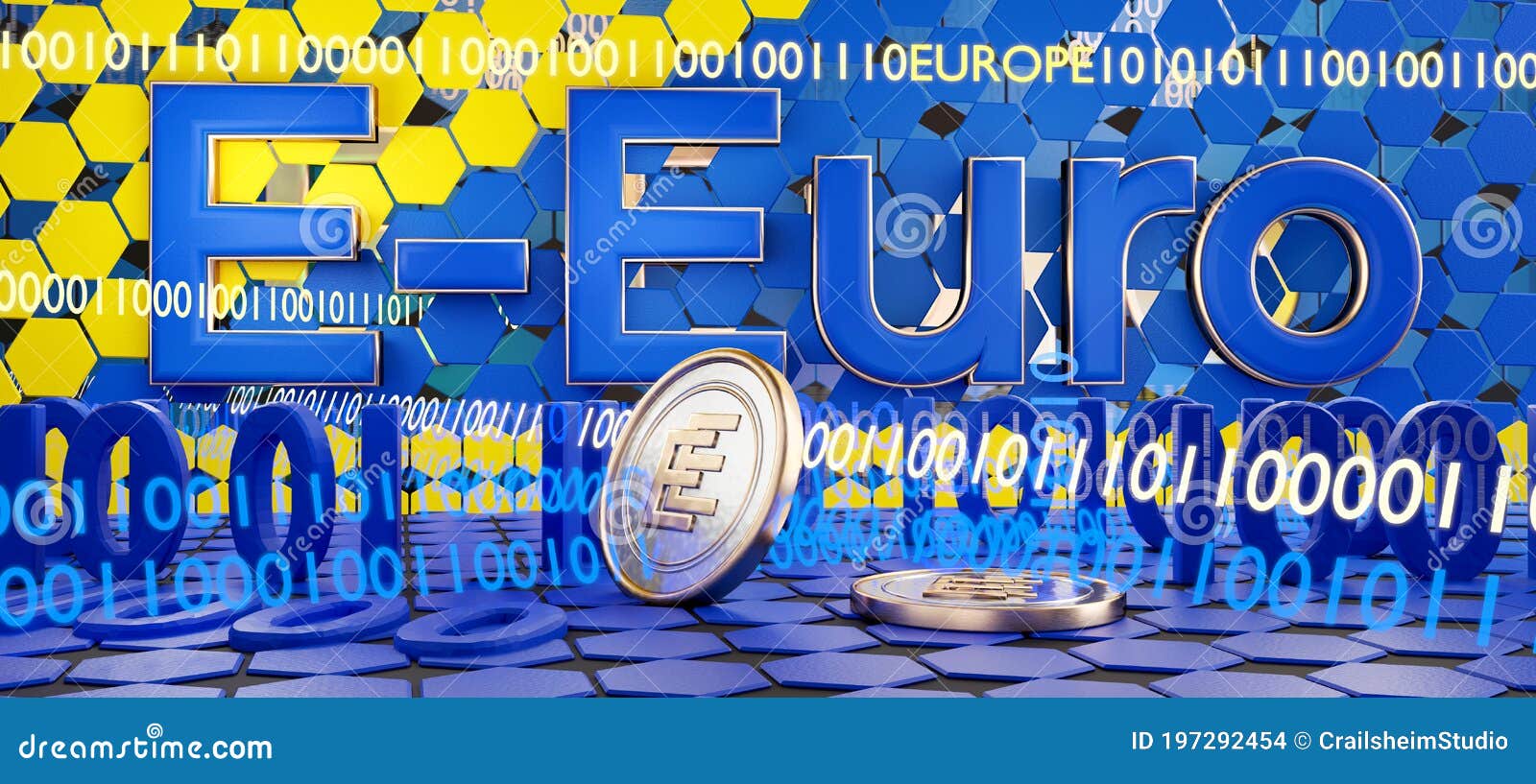 E-euro Digital Concept and Binary Code Background 3d-illustration Stock ...
