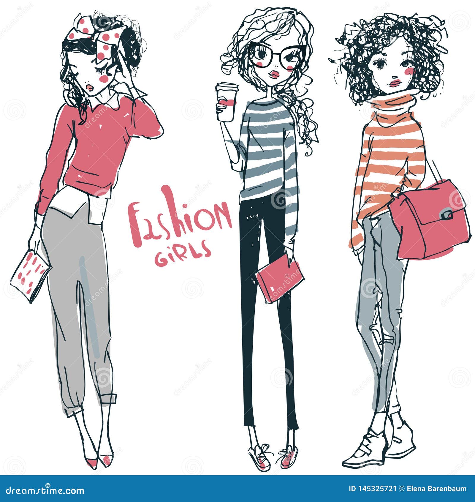 Two Cute Cartoon Sketched Fashion Little Girls Ilustración del Vector ...