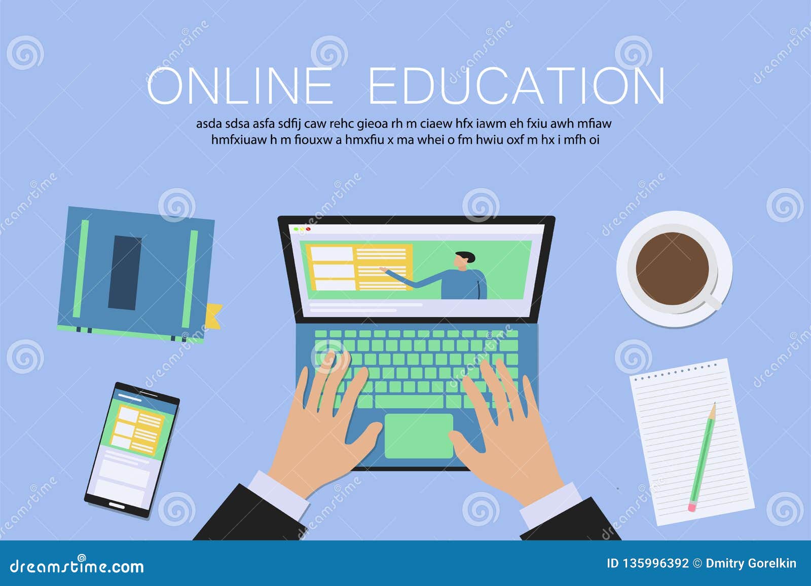 Online Education Background. Web Design Template with Notebook, Hands ...