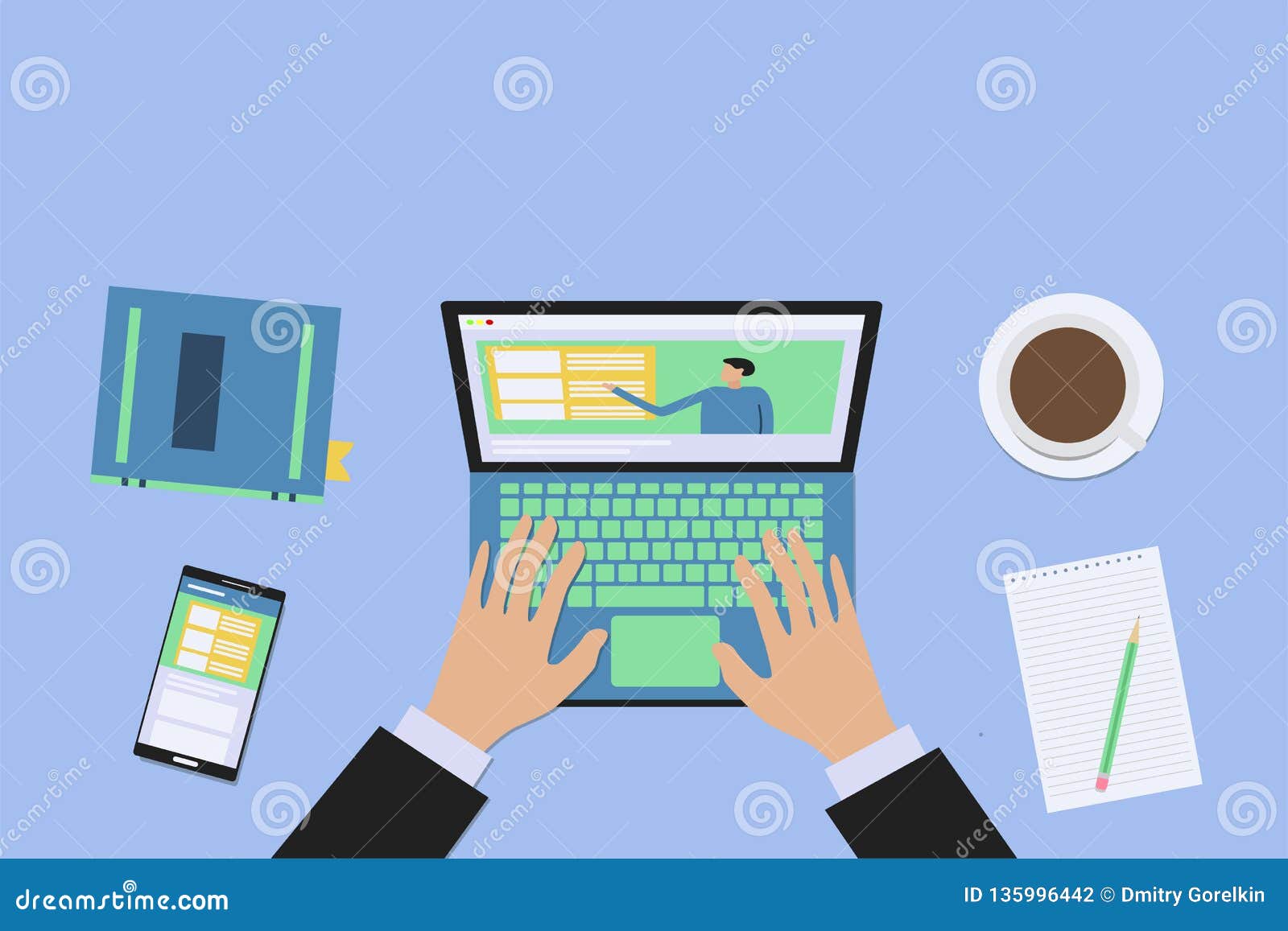 Online Education Background. Web Design Template with Notebook, Hands ...