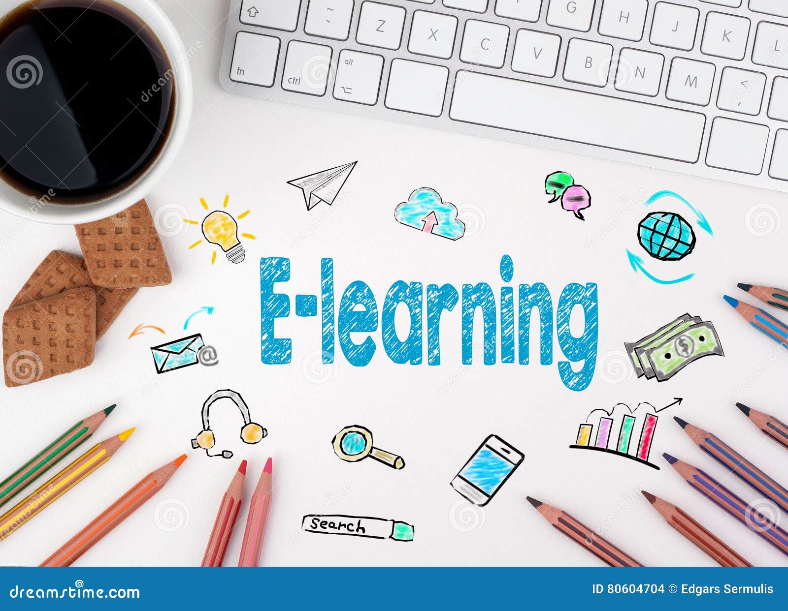 E-learning, Business Concept. White Office Desk Stock Illustration ...