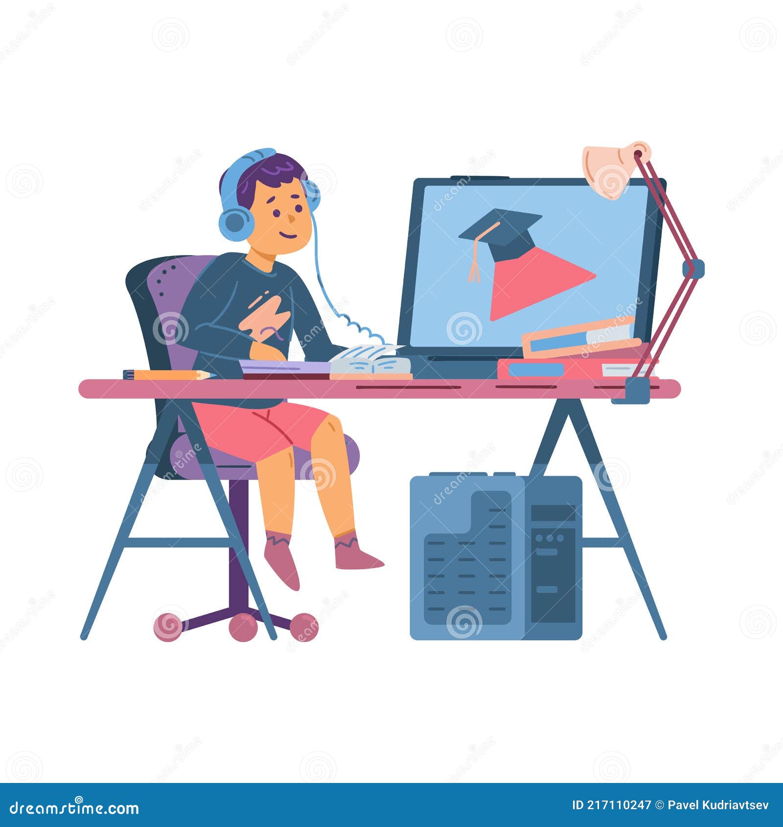 E-learning and Children Remote Education Flat Vector Illustration ...