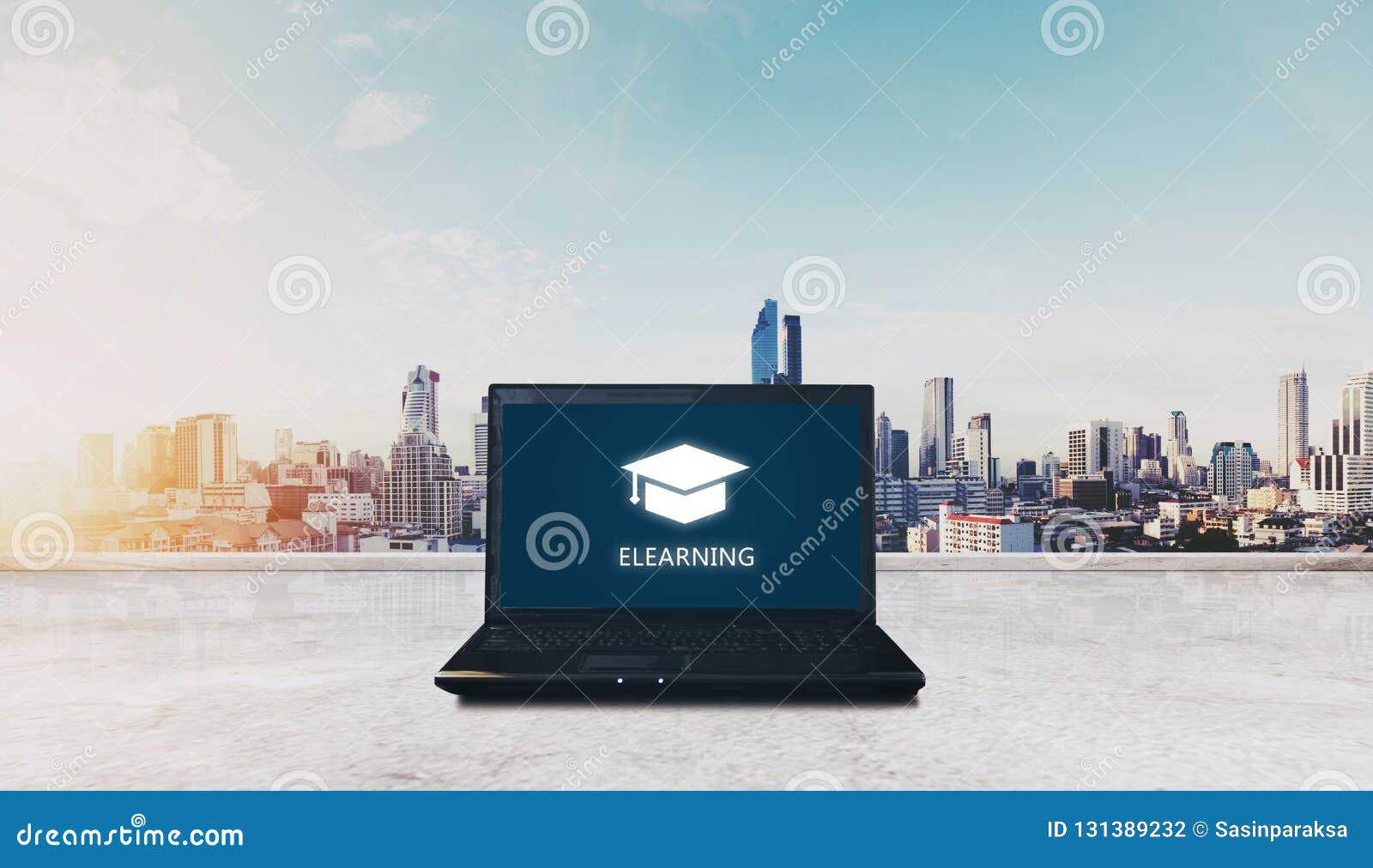 E-learning on Computer Laptop and City Sunrise Background. Online ...
