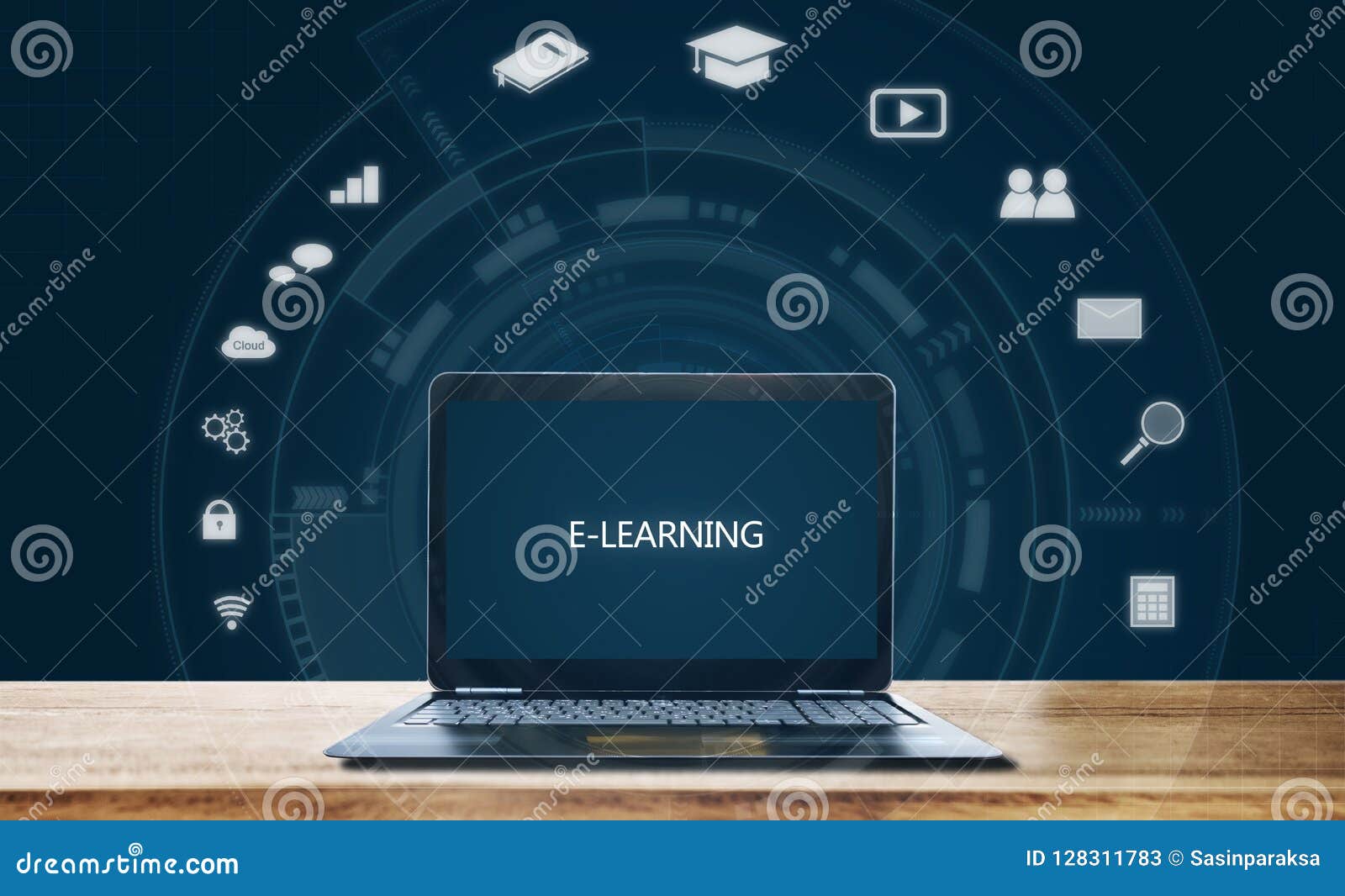 E-learning on Computer Laptop, on Wooden Table. Online Education, E ...