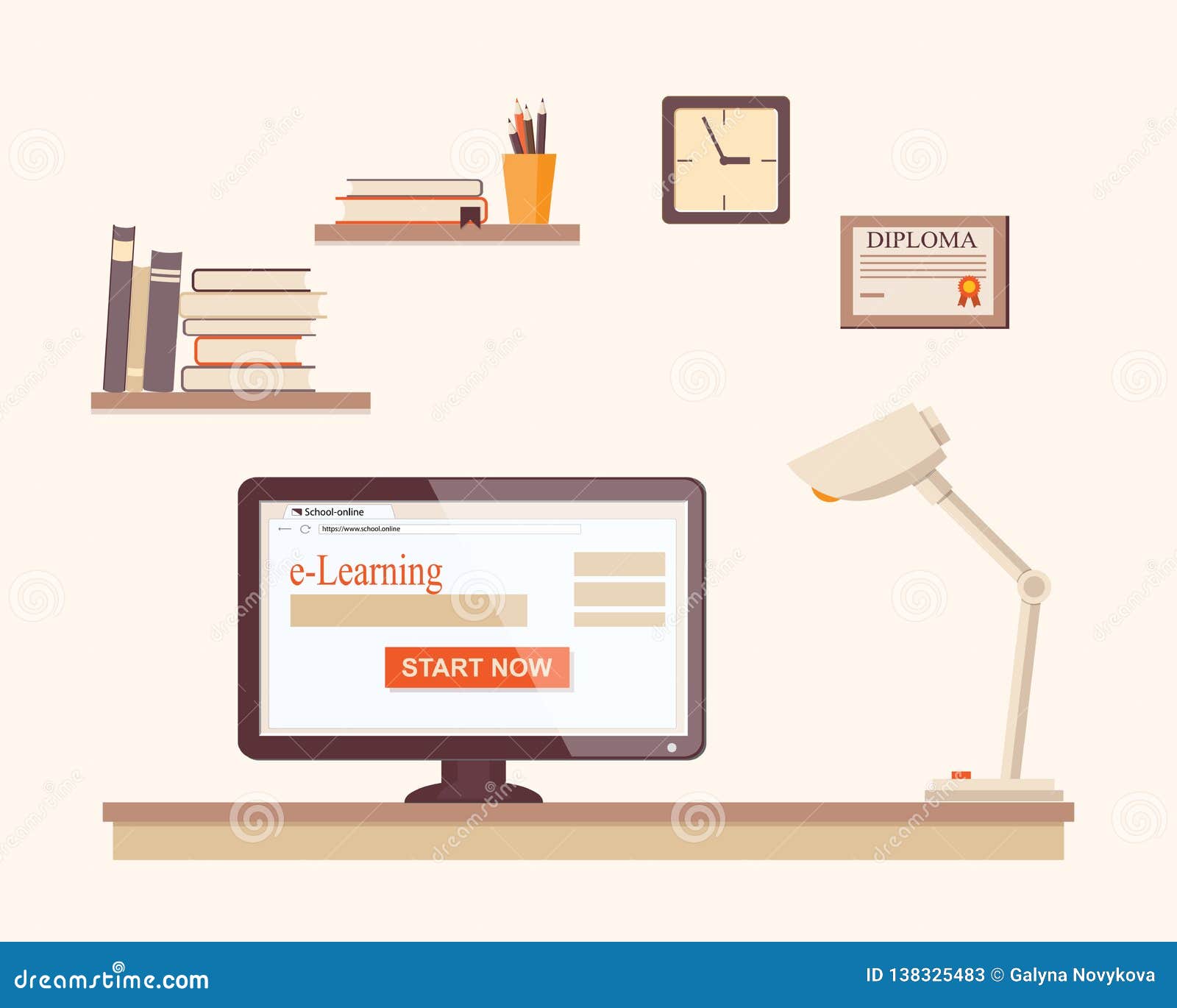 E-learning with Computer Screen on the Desk Stock Vector - Illustration ...