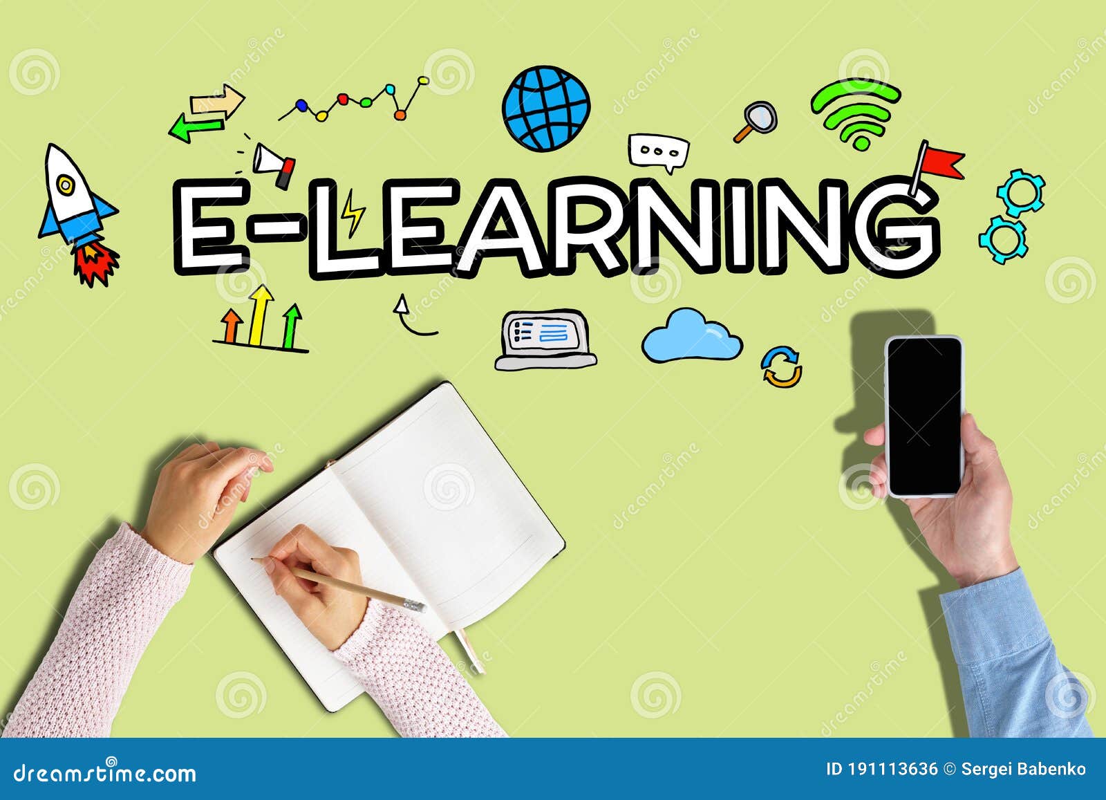 E-learning Concept with Abstract Graphics on Yellow Background Stock ...